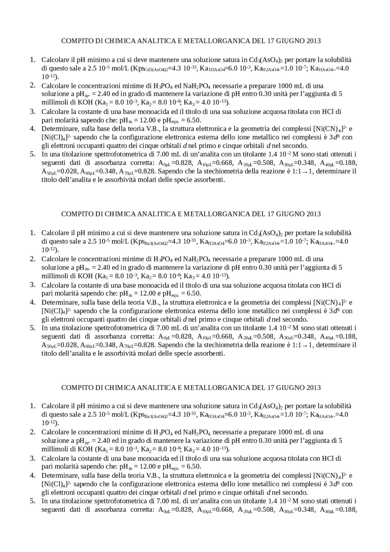 Compiti E Teoria Di Chimica Analitica Ctf Unict Docsity