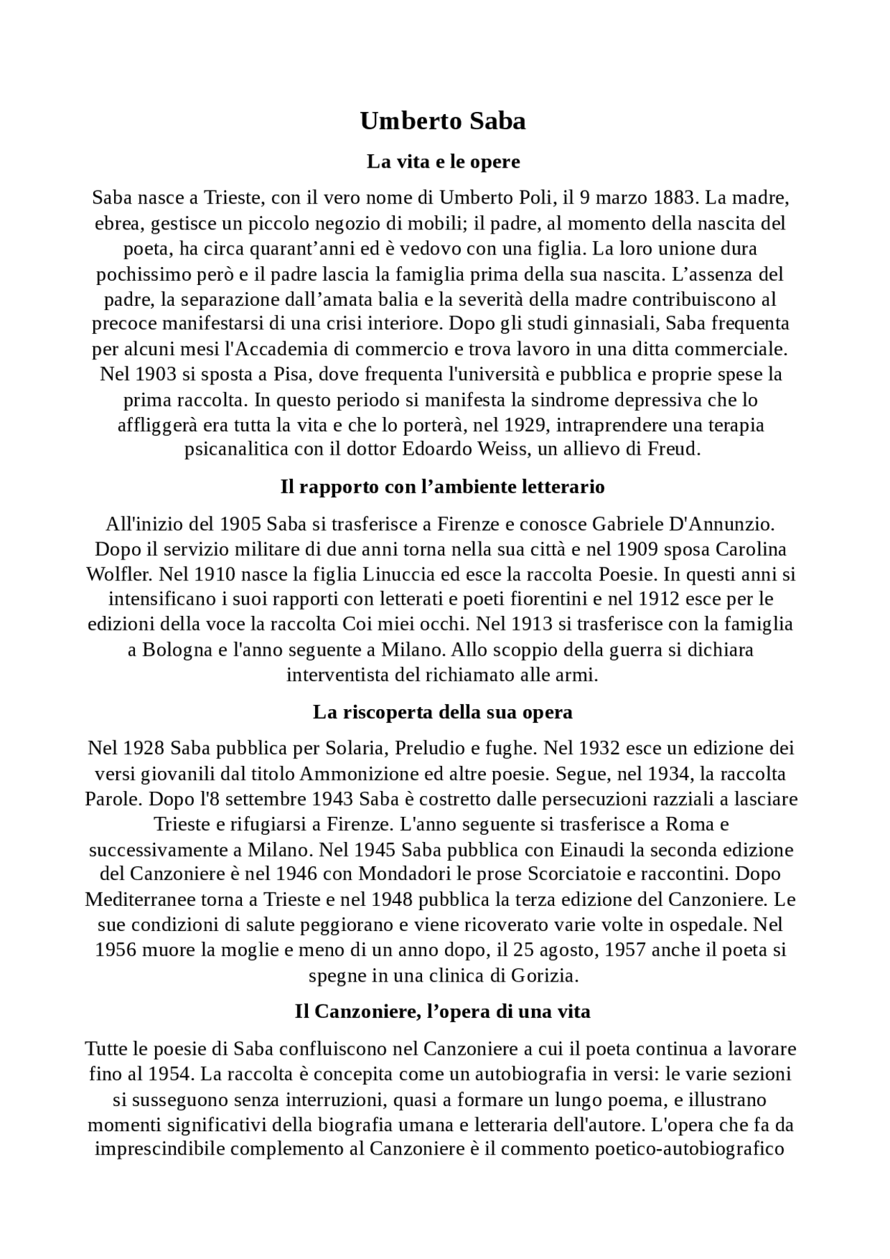 Vita E Opere Di Umberto Saba Docsity