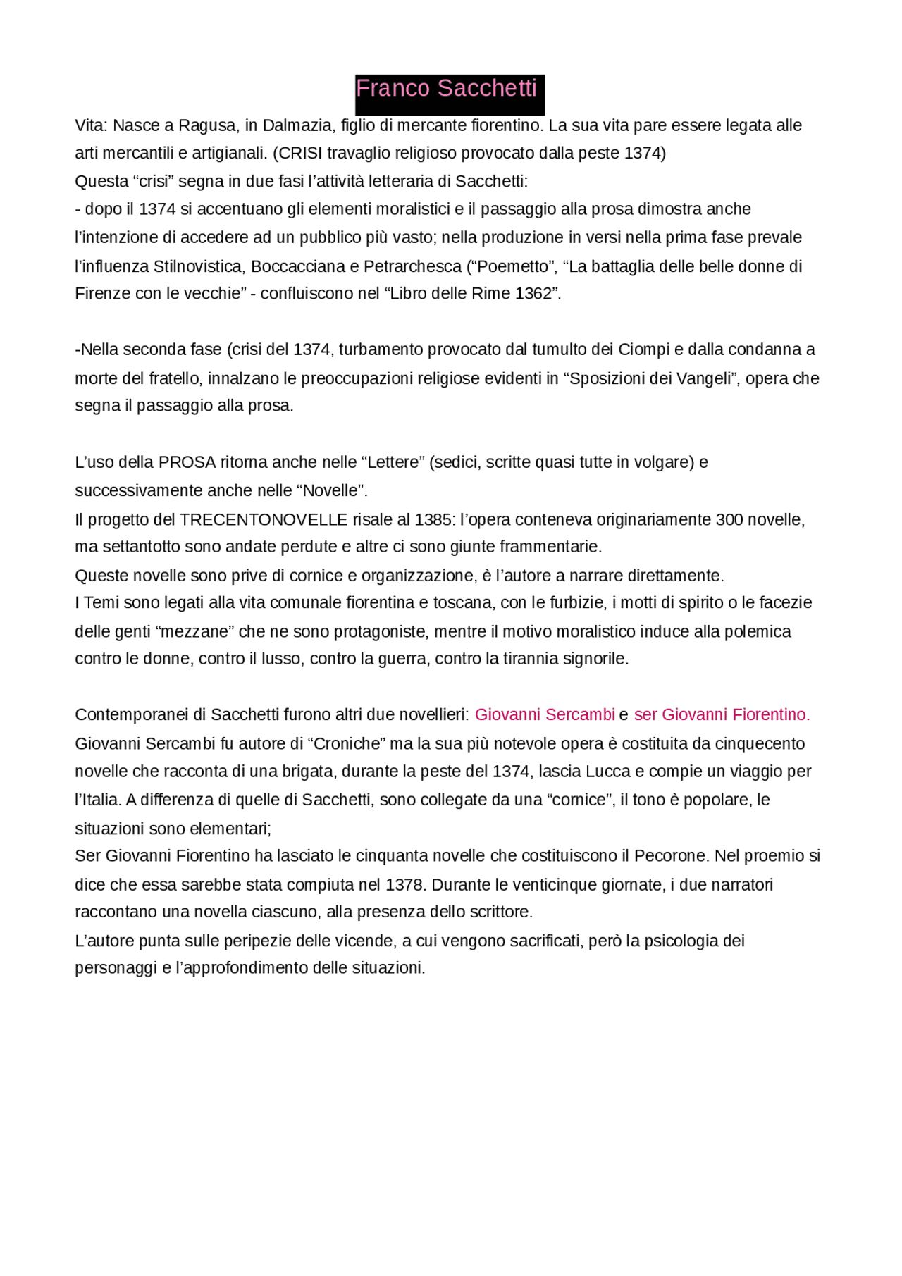 Franco Sacchetti - Giovanni Sercambi - ser Giovanni Fiorentino - Docsity