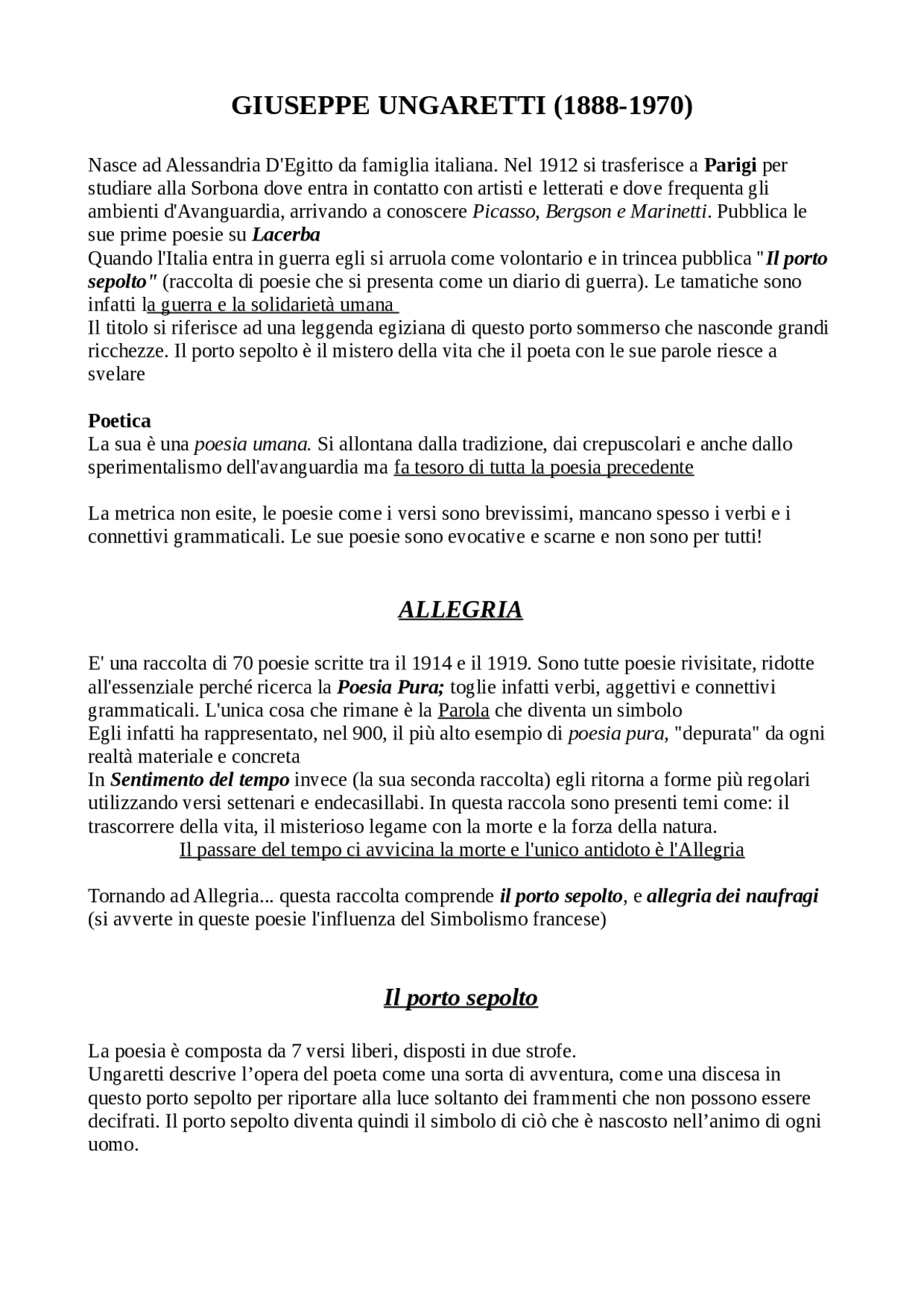 Ungaretti Poetica E Opere Docsity
