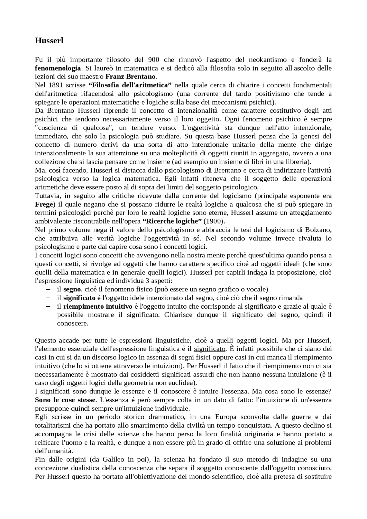 Husserl E La Fenomenologia Docsity