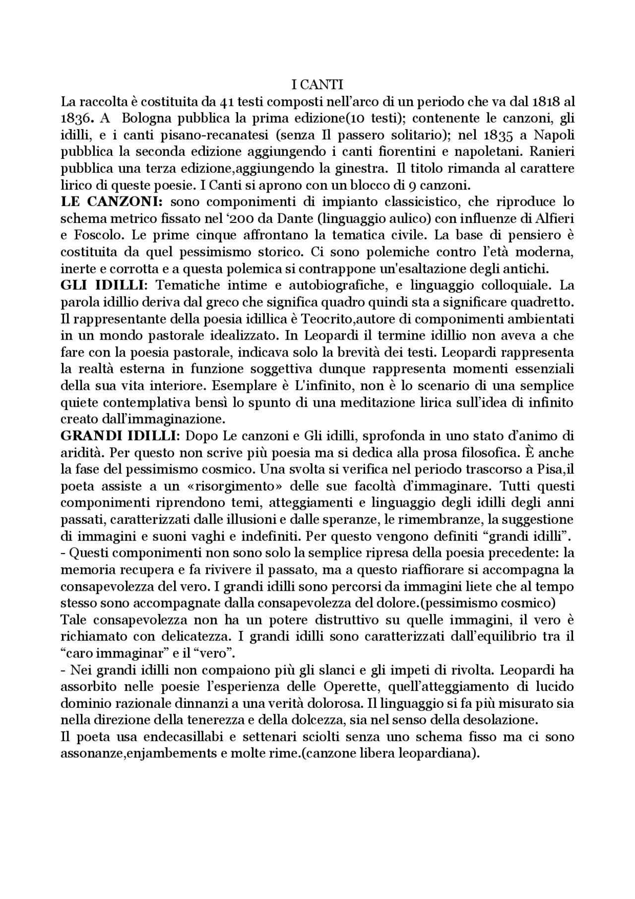 I Canti Di Leopardi Canzoniidilligrandi Idilli E Ciclo Di Aspasia