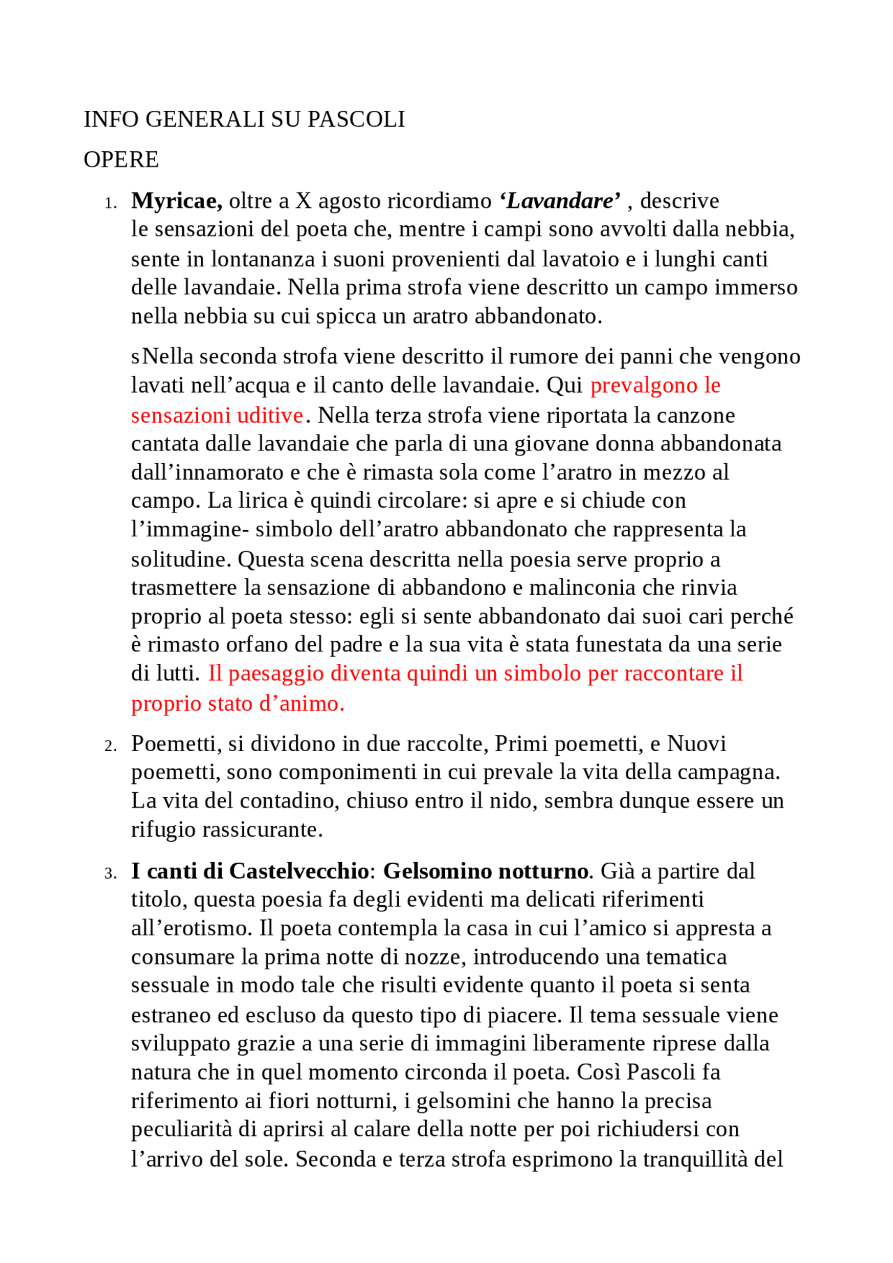 Riassunto Opere Di Pascoli Docsity