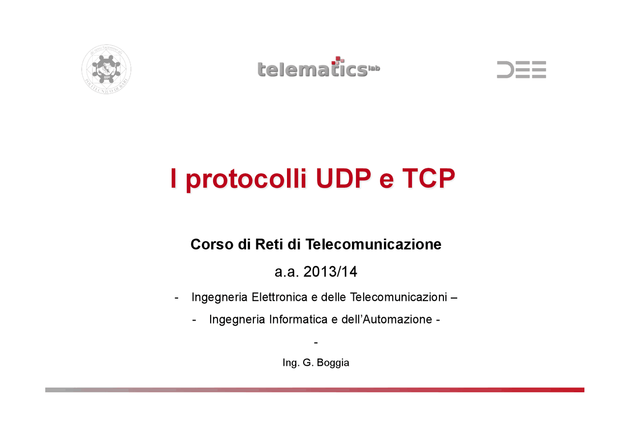 Protocolli Di Quarto Livello Isoosi Tcp E Udp Docsity