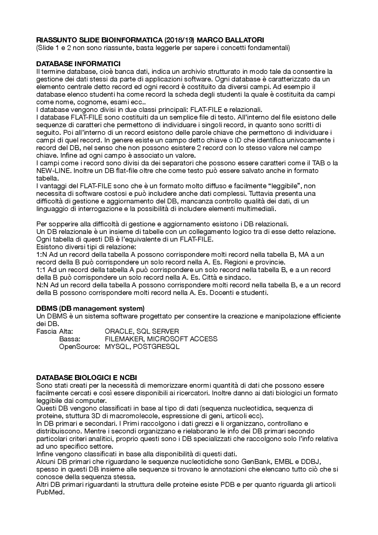 Informazioni base bioinformatica - Docsity