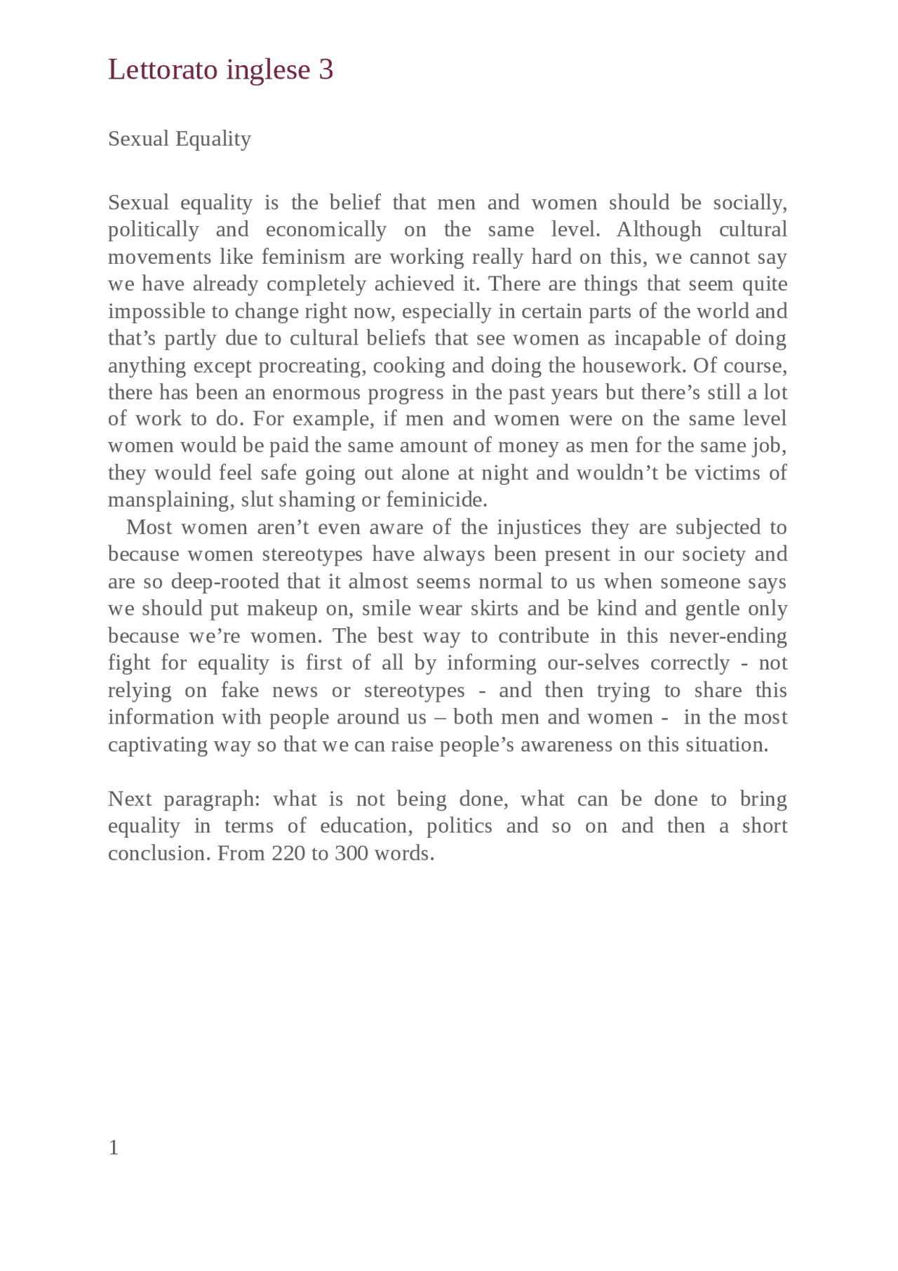 Essay On Sexual Equality Esercizi Di Lingua Inglese Docsity
