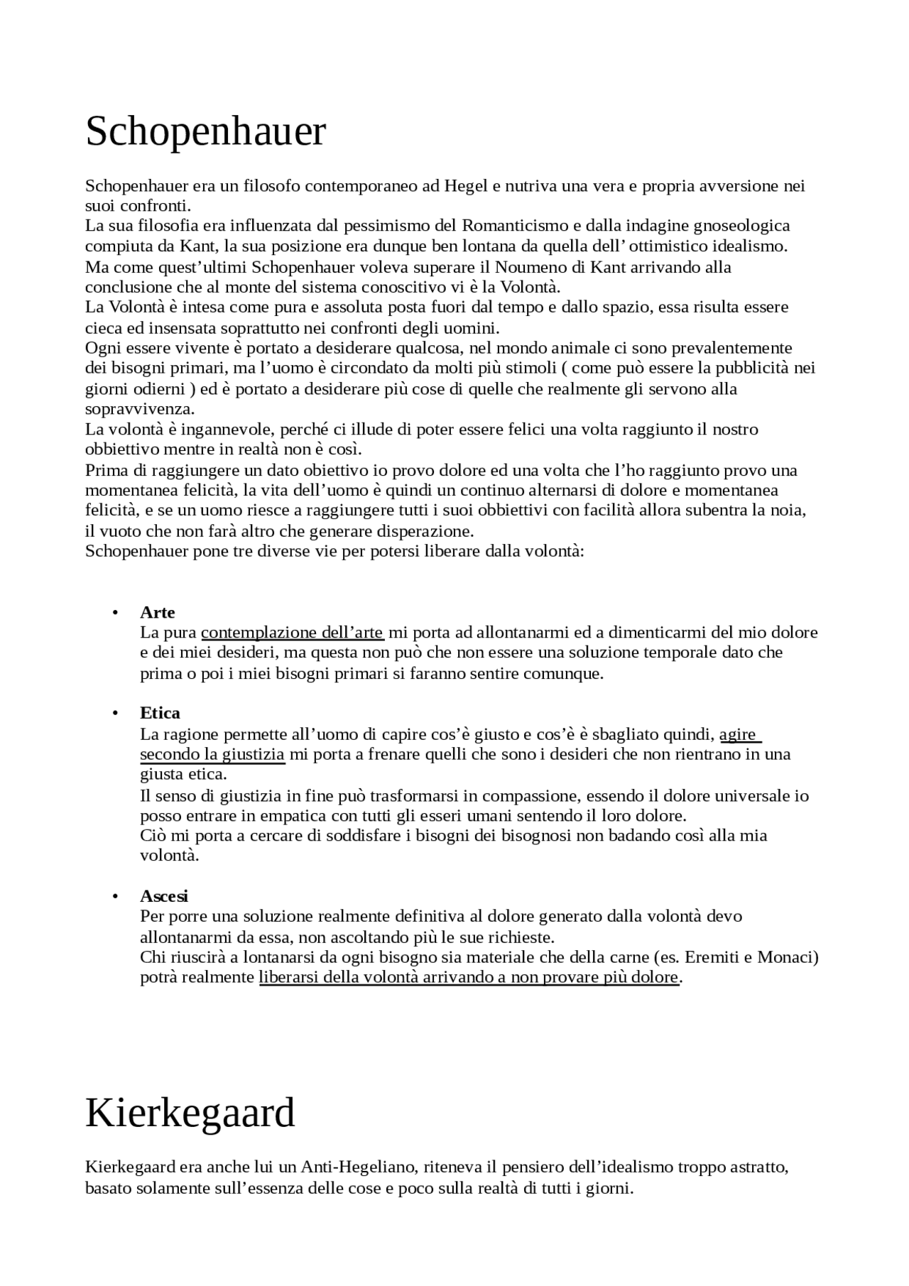 Schopenhauer Kierkegaard Riassunto Appunti Di Filosofia Docsity