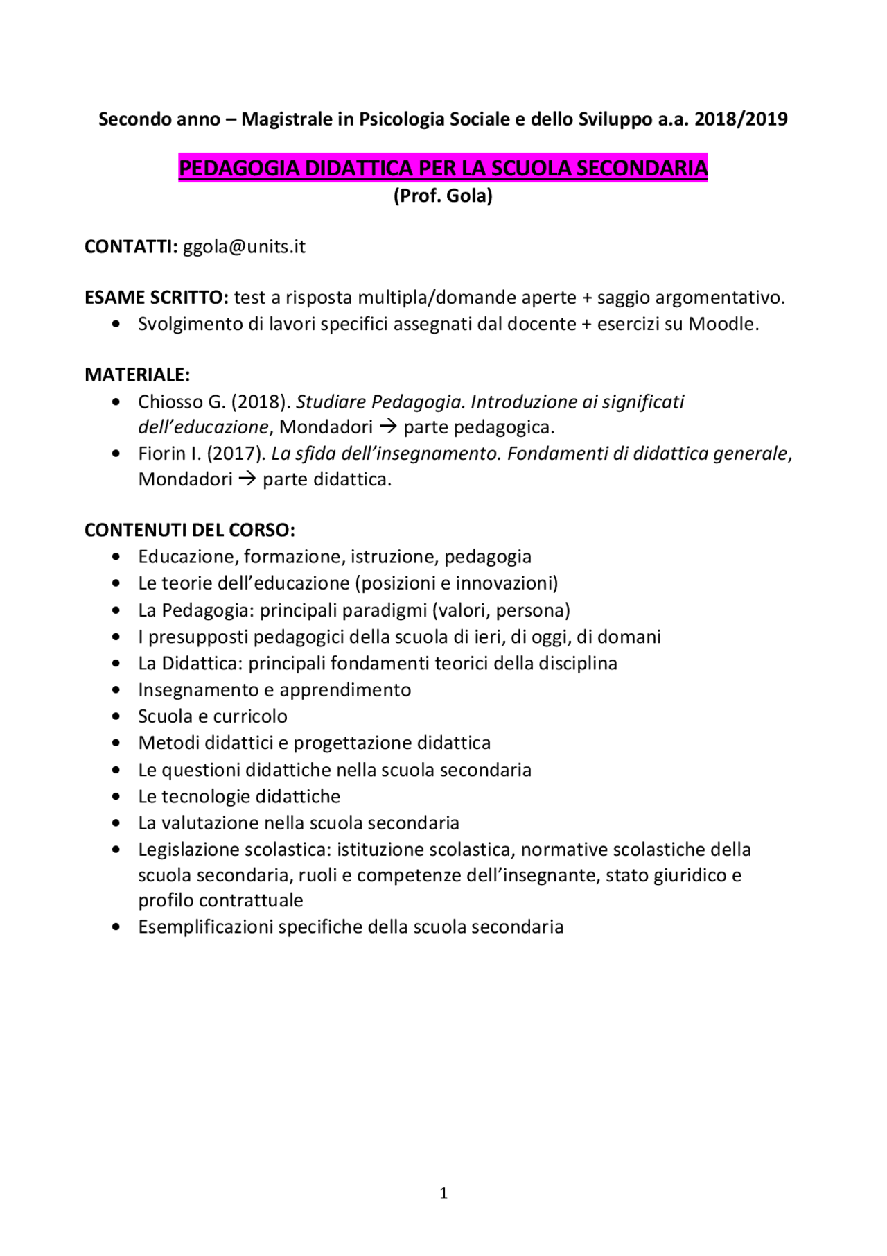 Pedagogia Didattica Per La Scuola Secondaria Docsity