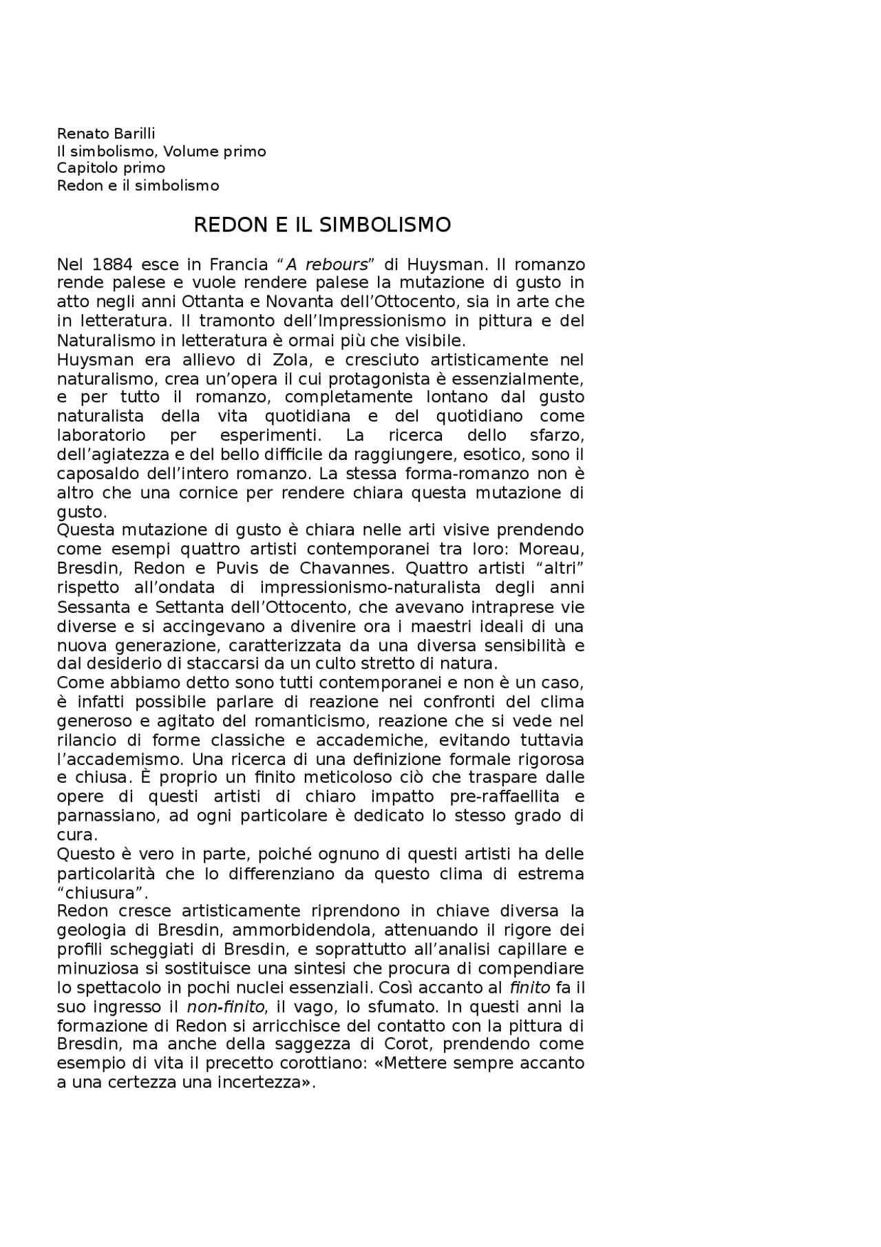 Renato Barilli - Il Simbolismo Vol. 1 - Docsity