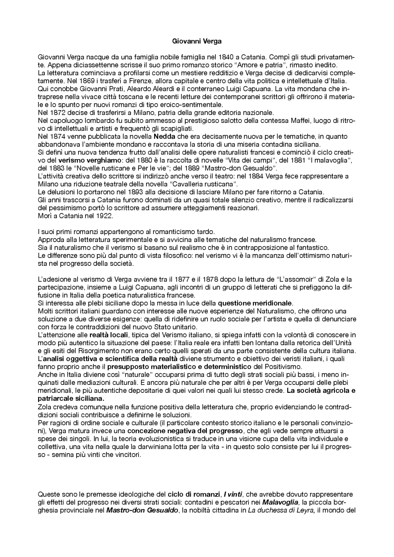 Sintesi Su Giovanni Verga Docsity