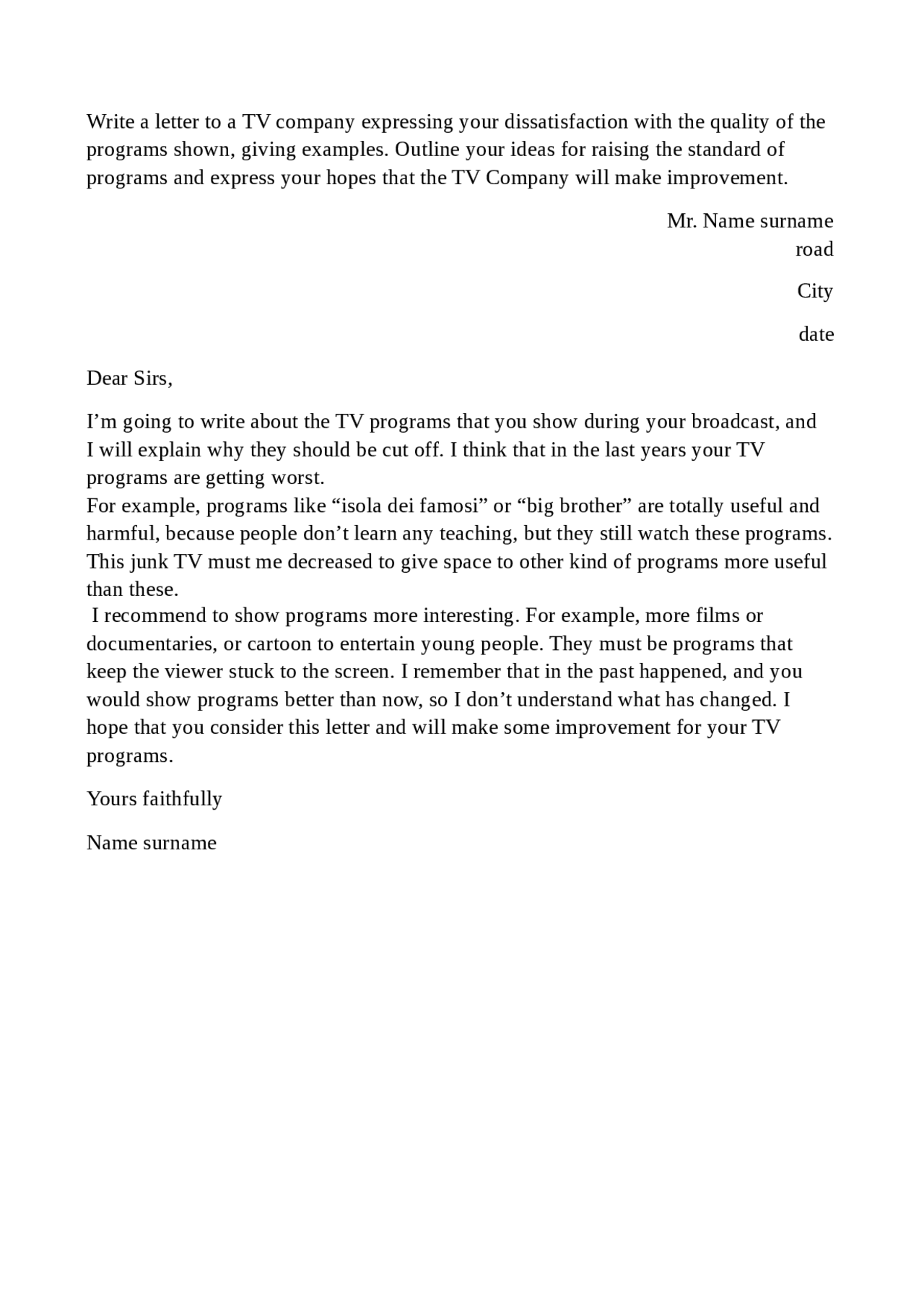 Sample engish letter to TV - Docsity