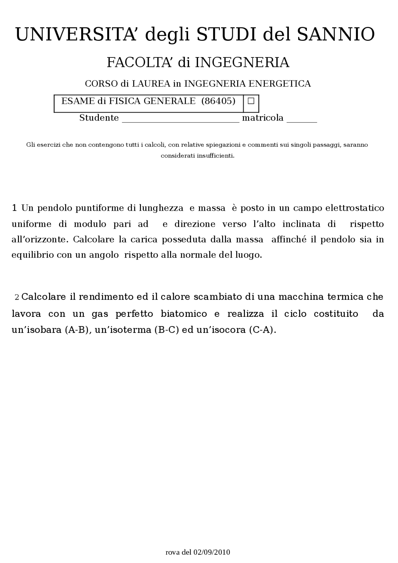 Tracce Esame Fisica 1 Docsity