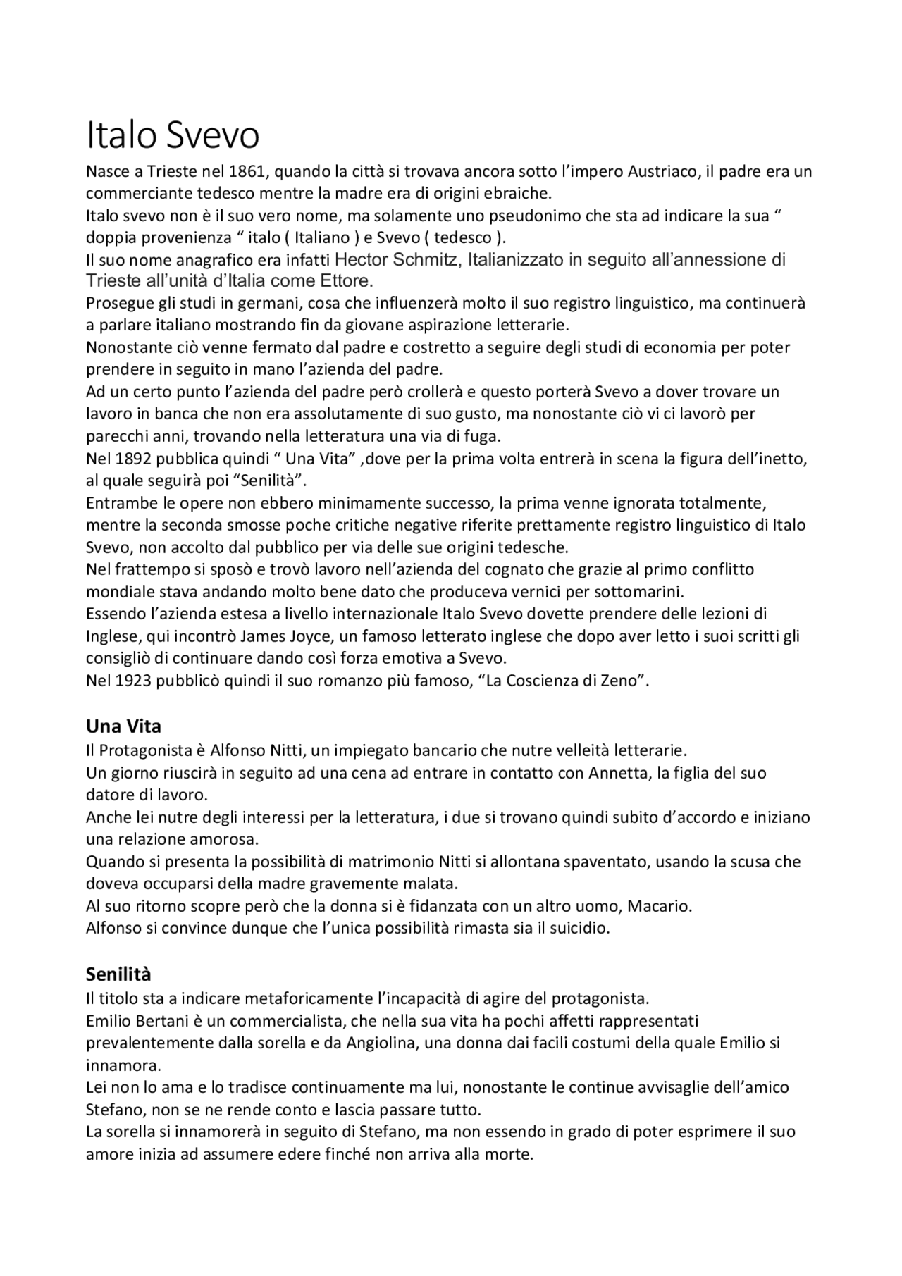 Italo Svevo ( Vita e Opere ) - Docsity