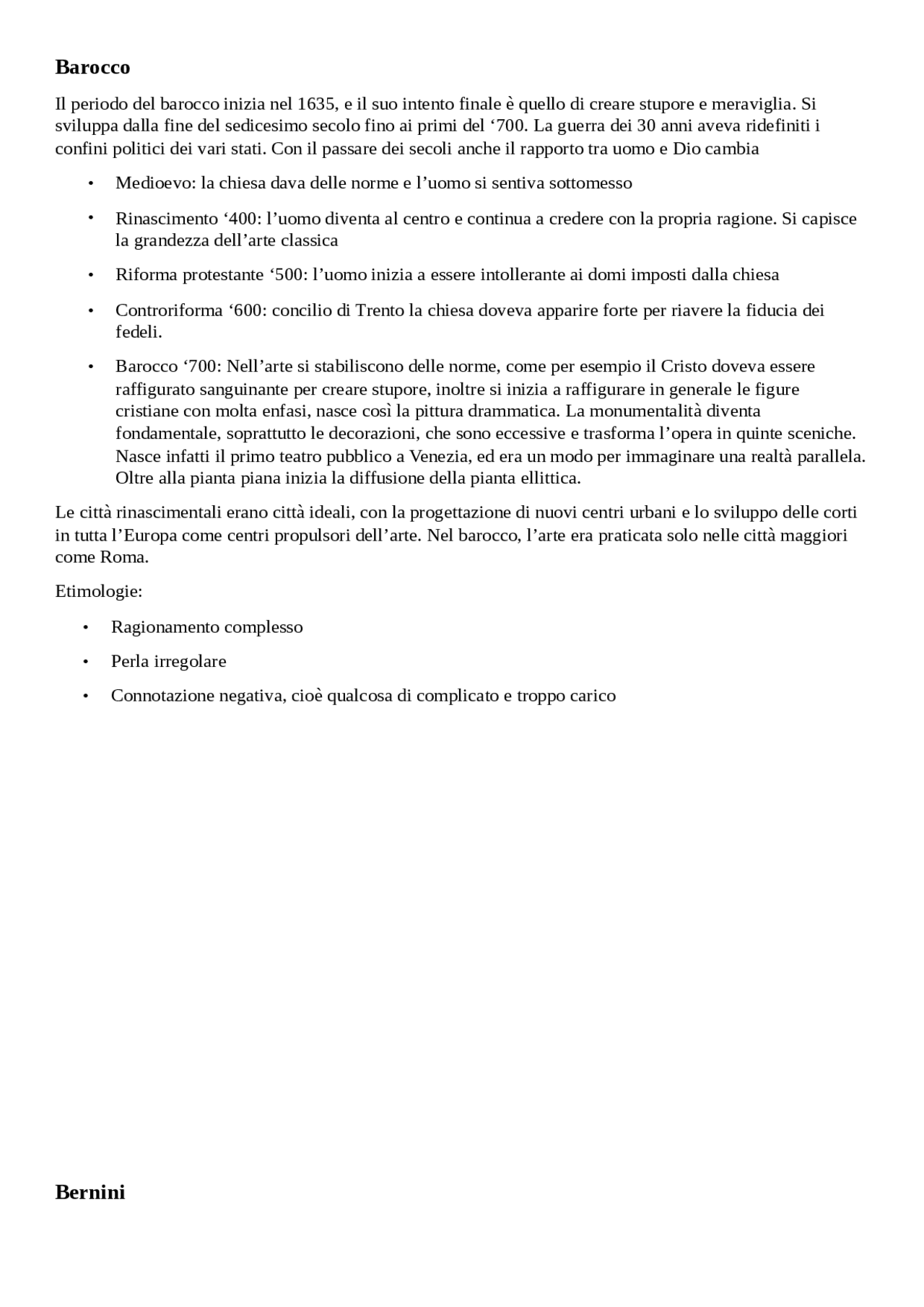 Riassunti arte Barocco e opere di Bernini, Carracci, Caravaggio - Docsity