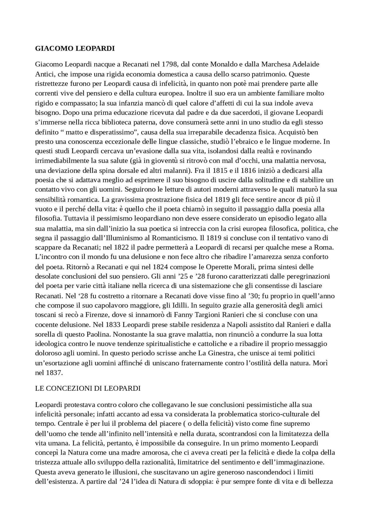 Sintesi Su Giacomo Leopardi Docsity