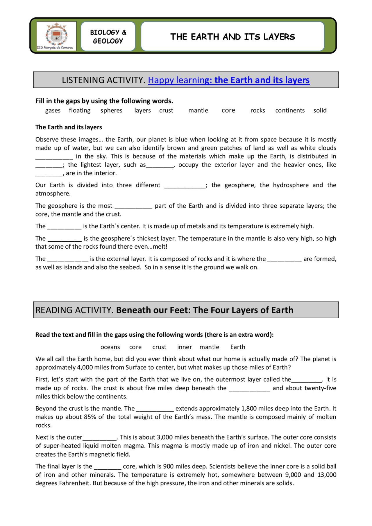 The Earth And His Layers Docsity
