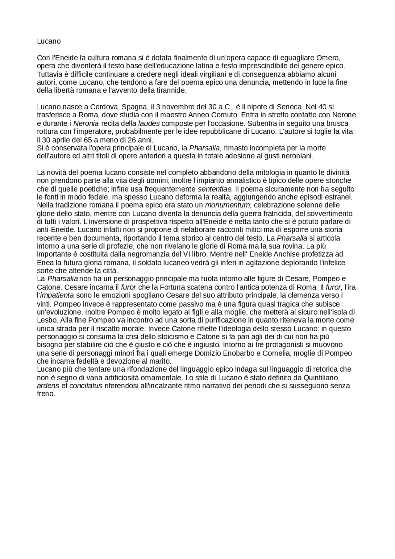 Sintesi Essenziale Su Lucano Docsity