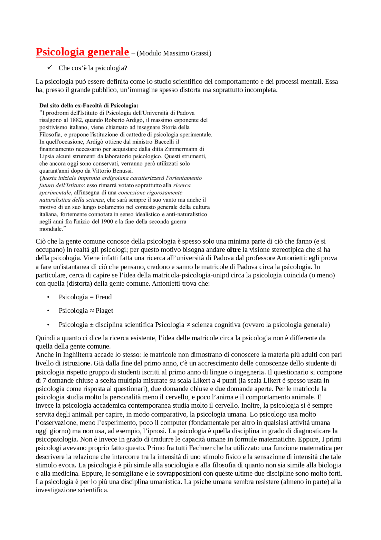 Appunti Lezioni Psicologia Generale Professore Grassi Docsity