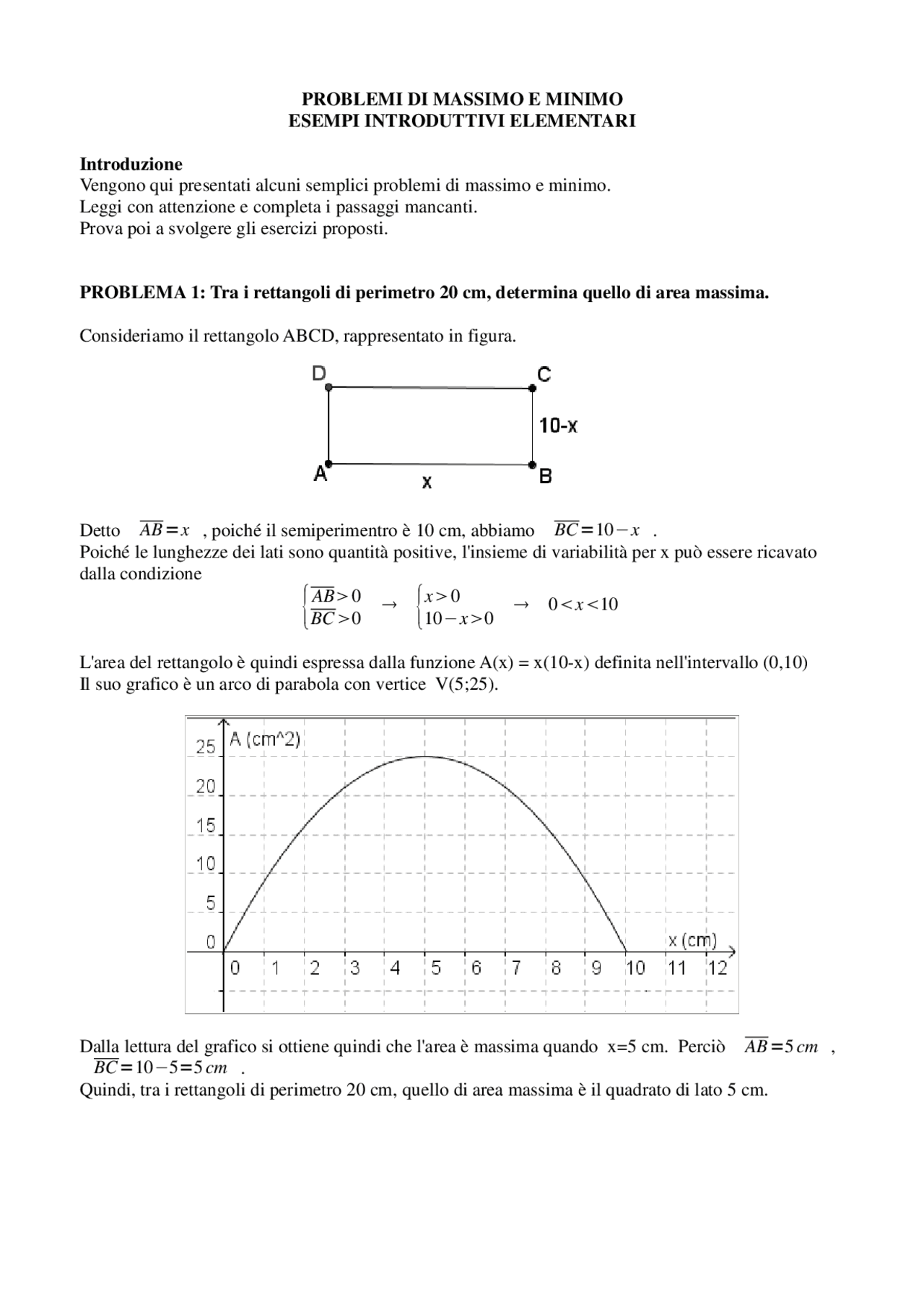 Problemi di ottimizzazione | Esercizi di Matematica | Docsity