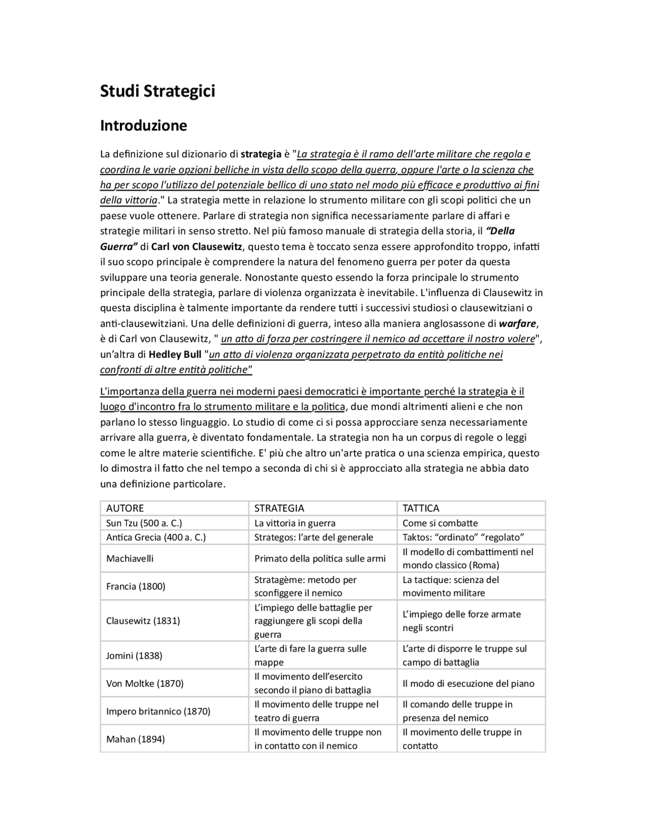Riassunto Studi Strategici - Docsity