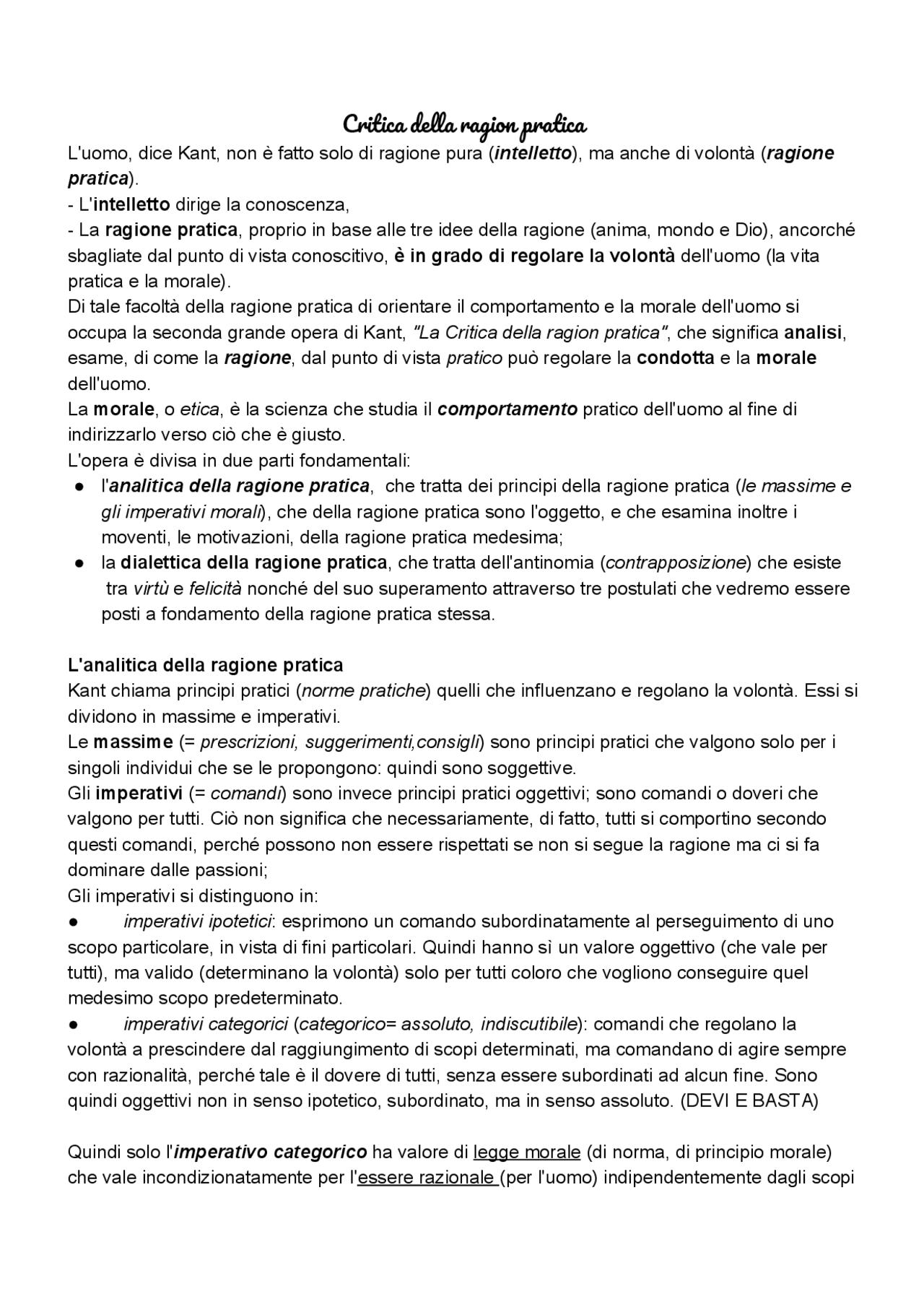 Critica Della Ragion Pratica Kant Pdf Dispense Di Filosofia Docsity