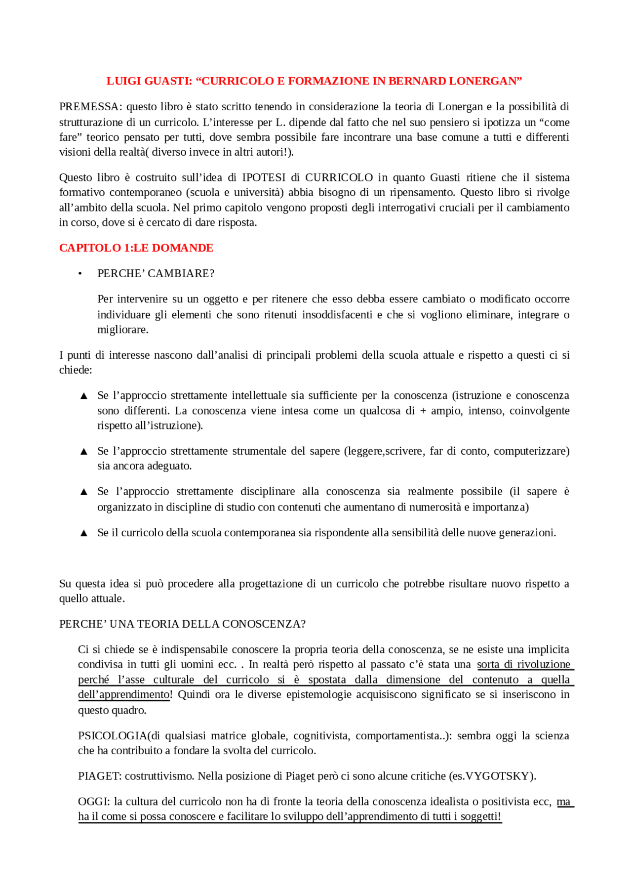 CURRICOLO E FORMAZIONE IN BERNARD LONERGAN - Docsity