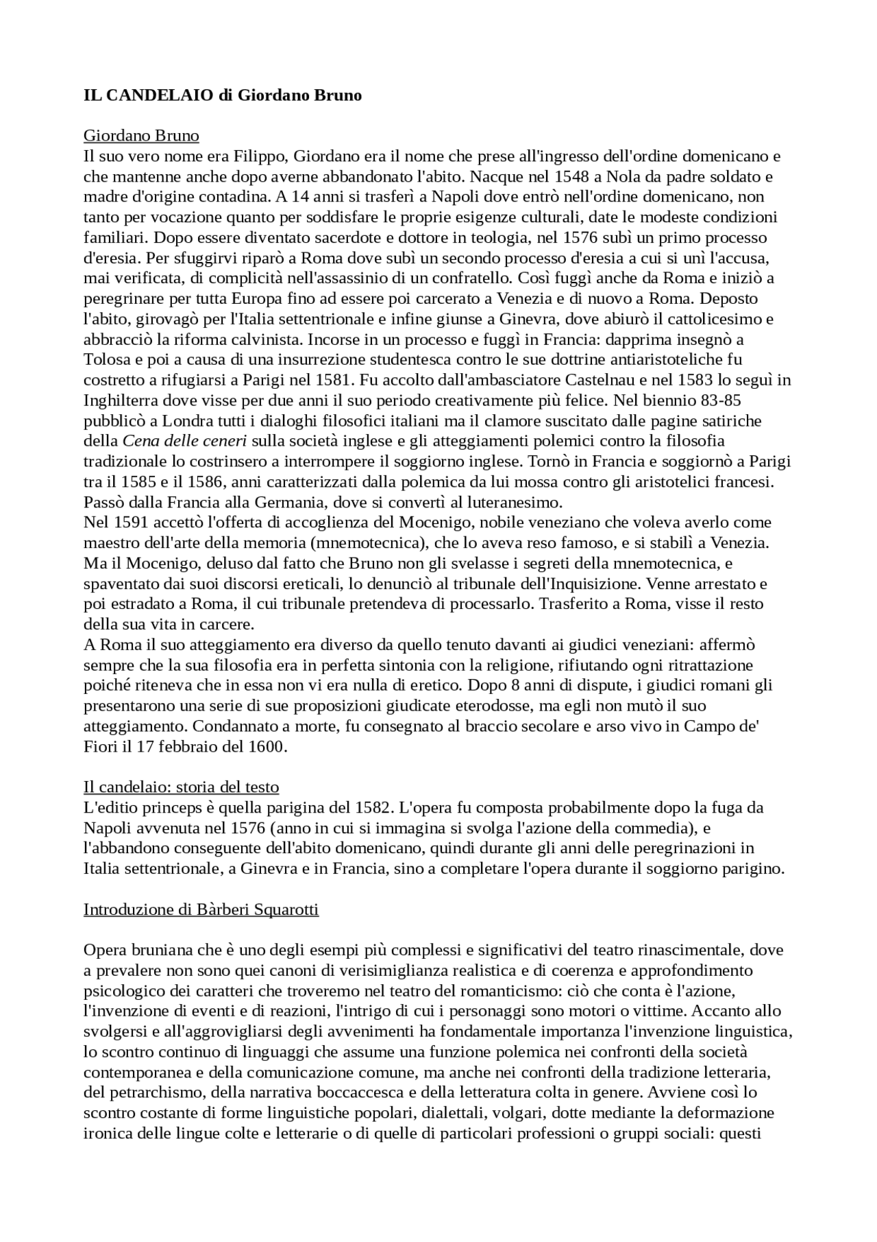 Il Candelaio - Giordano Bruno | Appunti di Letteratura Italiana - Docsity