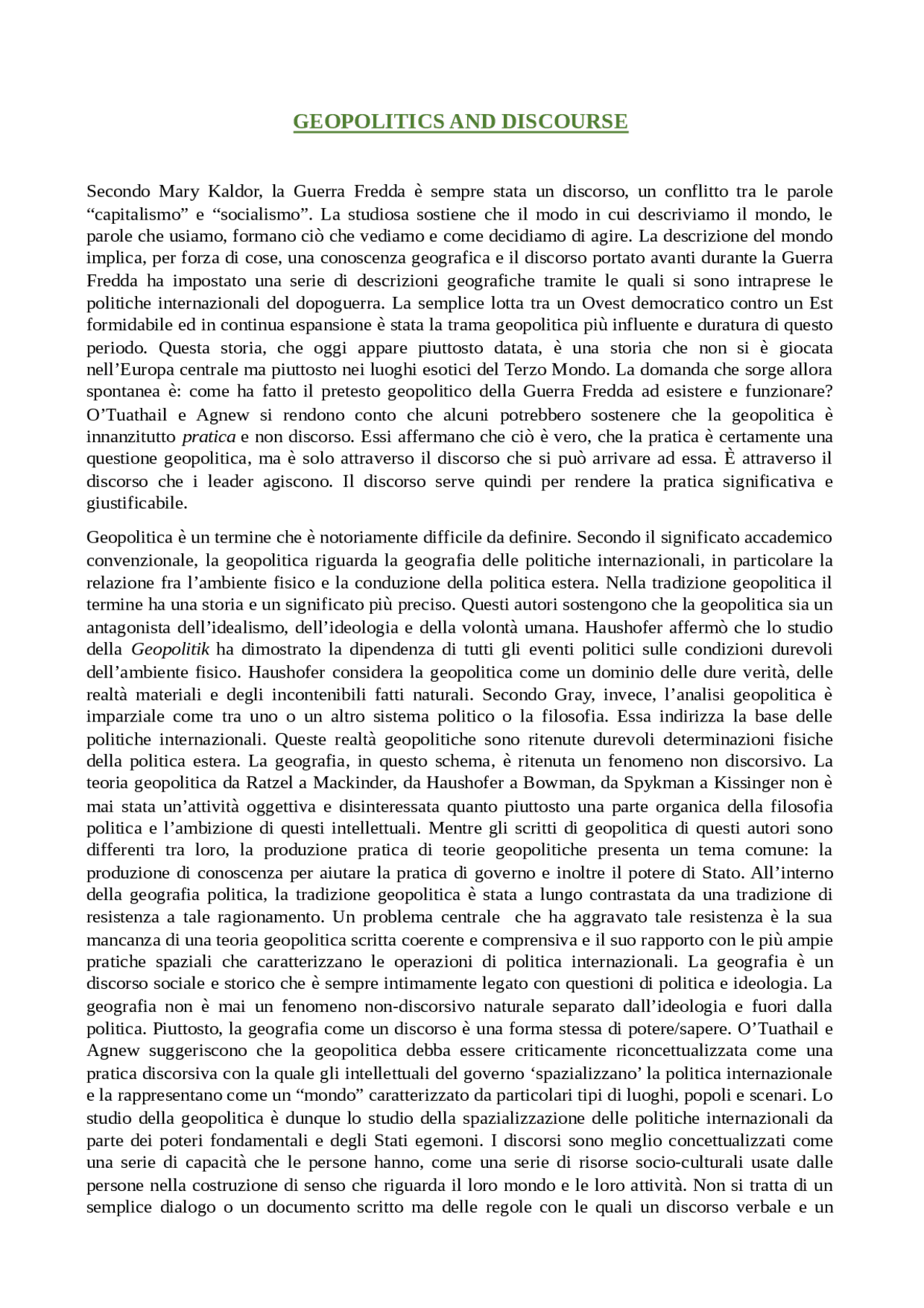 Geopolitics and discourse - O'Tuathail e Agnew - Docsity