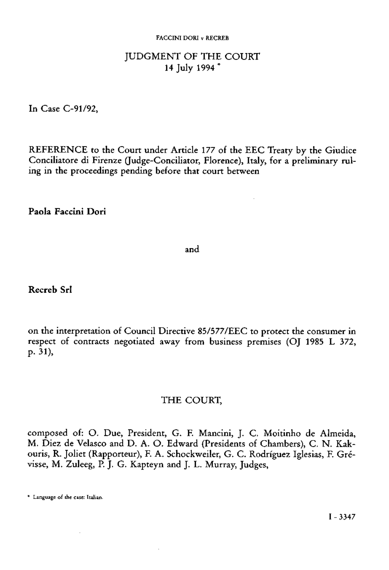 Faccini Dori Case Judgment Of The Court Docsity