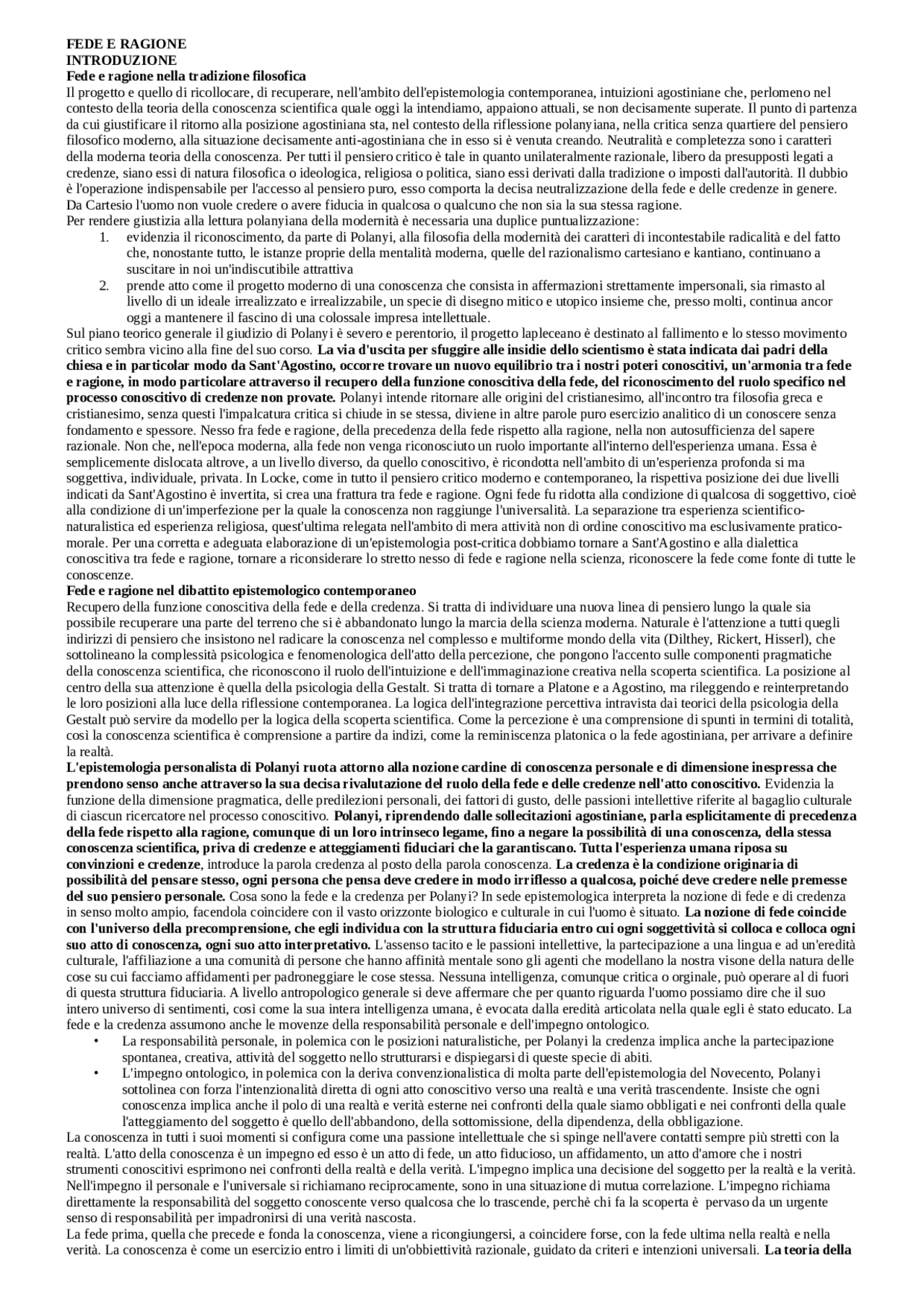 Riassunto Fede E Ragione Polanyi Docsity
