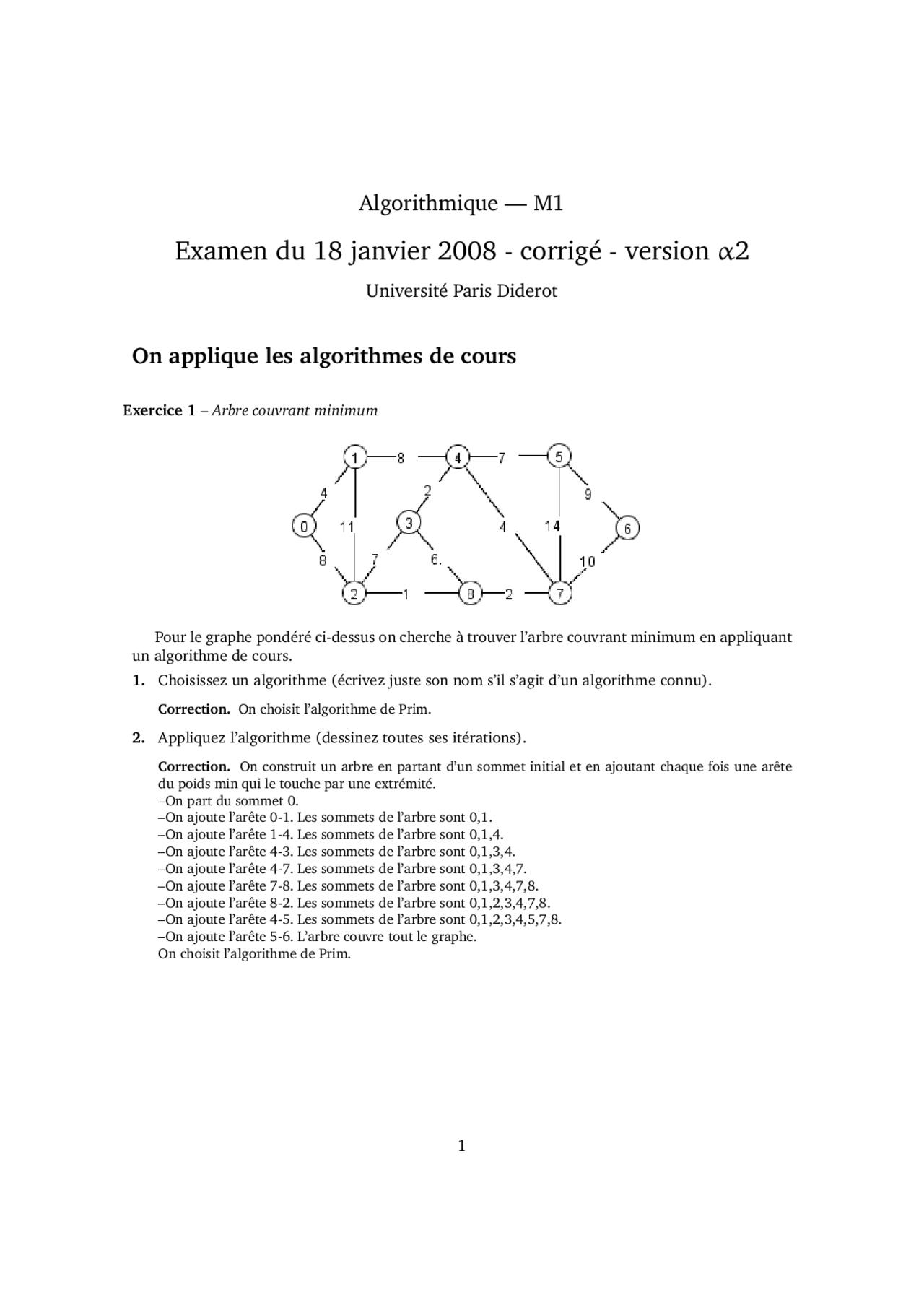 Algorithmique M1 Examen Du 18 Janvier 2008 Corrigé Docsity