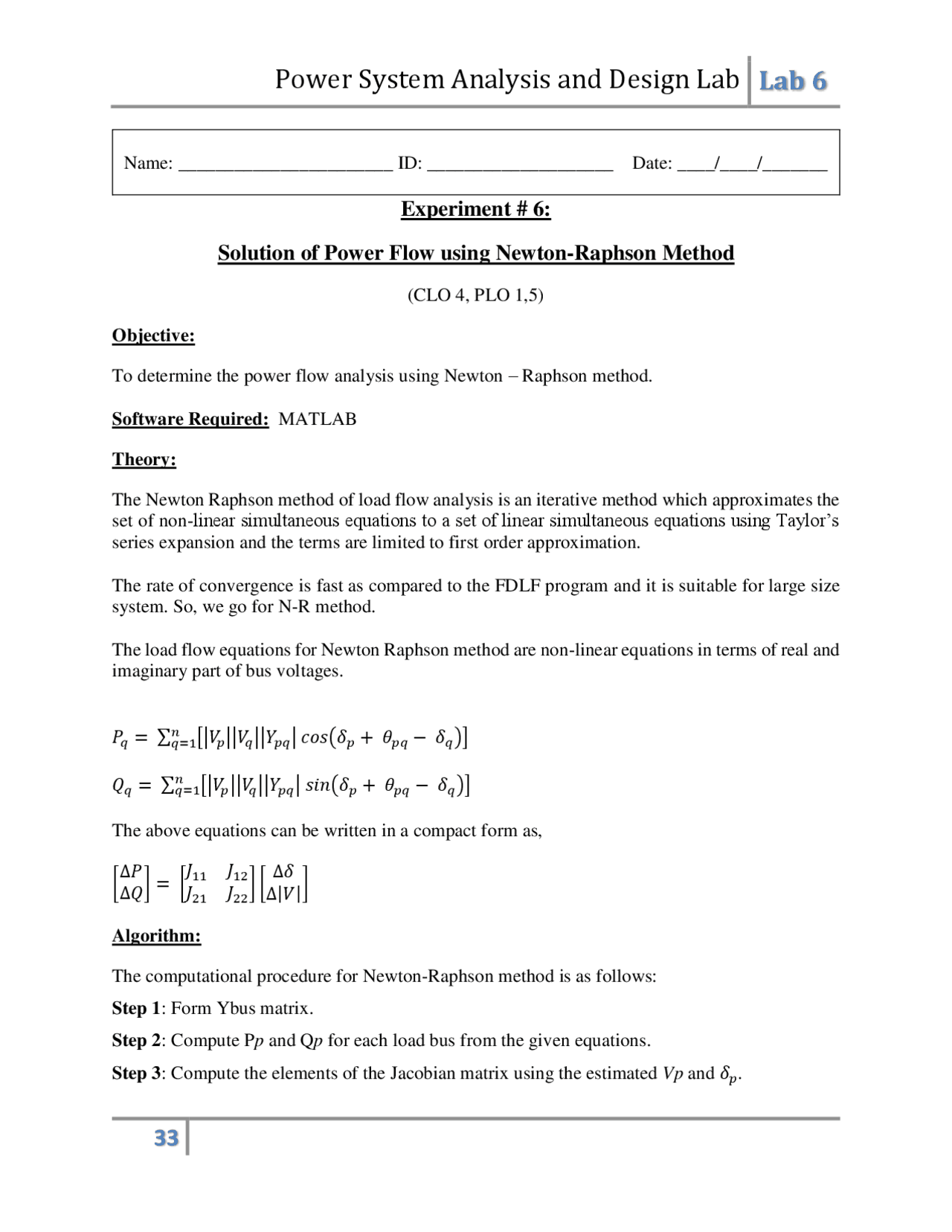 Power System Analysis Lab Manual Docsity