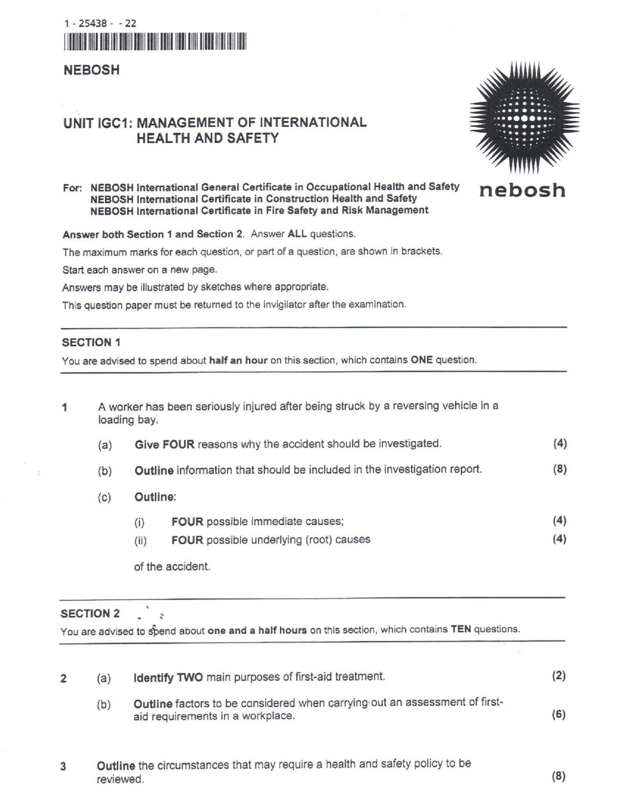 Health and Safety Examination for NIBOSH IGC1 Dated 19 July 2013 - Docsity