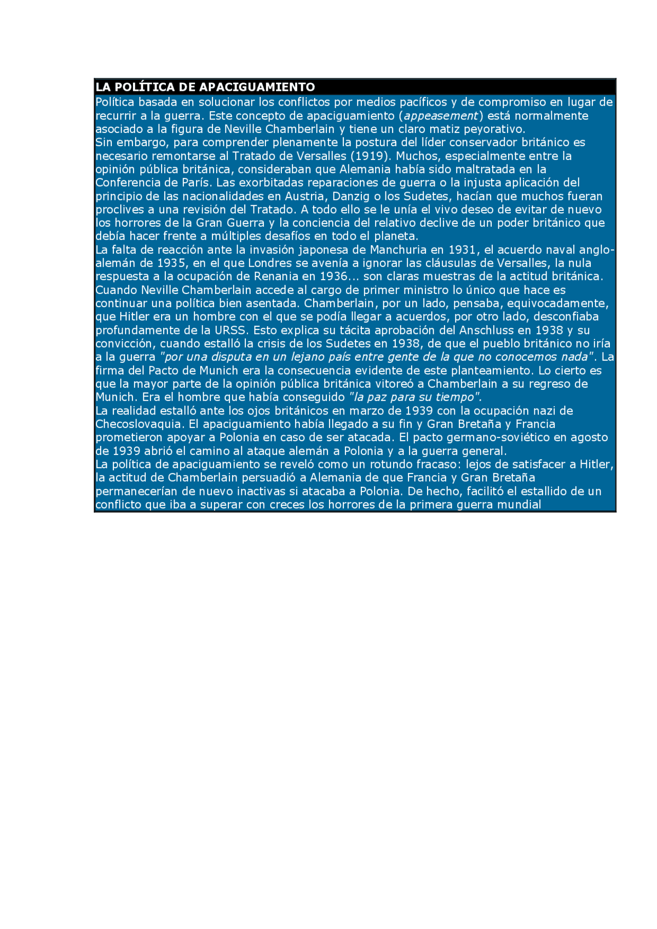 La politica de apaciguamiento - Docsity