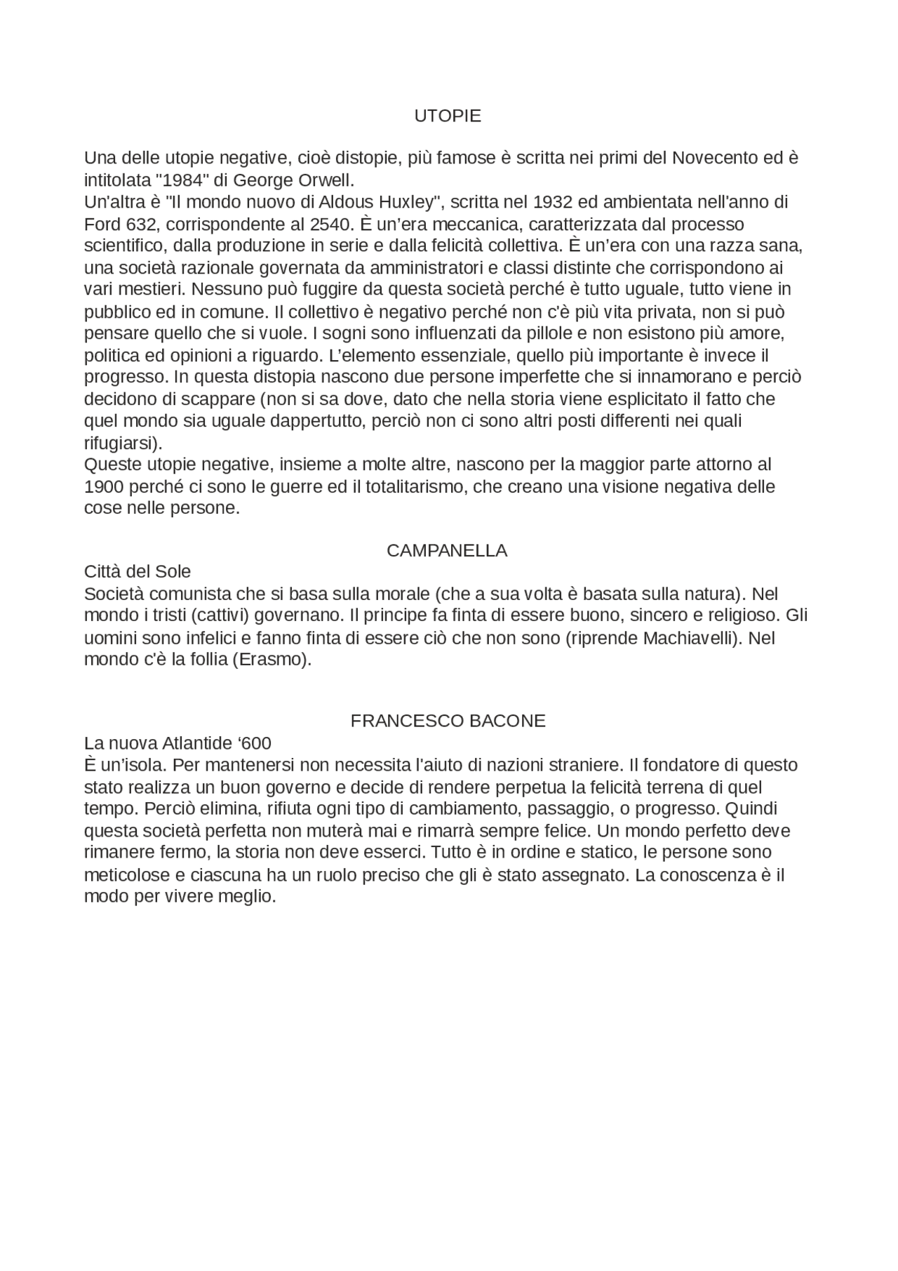 Utopie Campanella Bacone Appunti Professoressa Nacci Unifi Docsity
