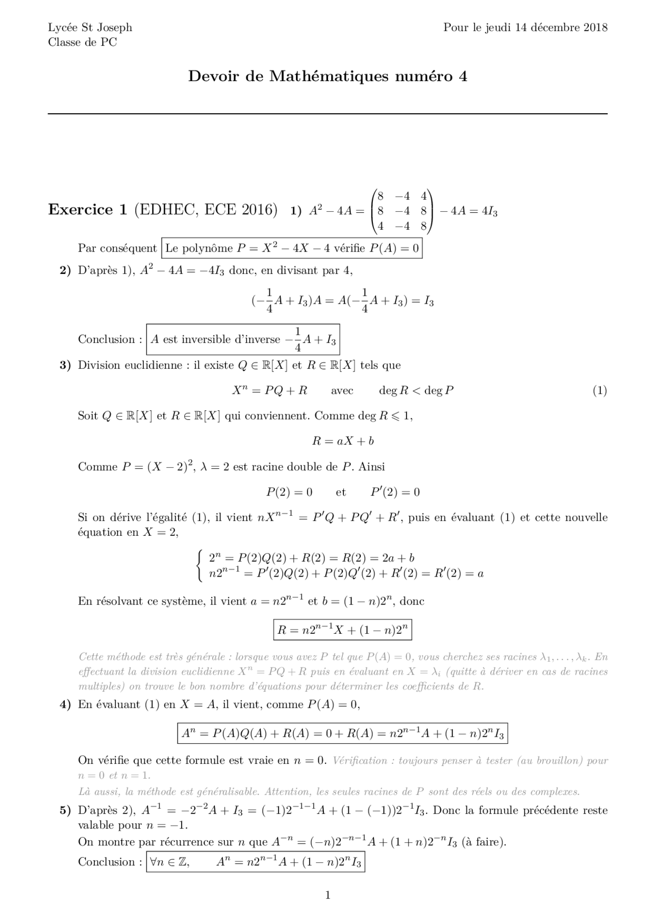 Devoir de mathématiques numéro 4 exercice 1 - Docsity