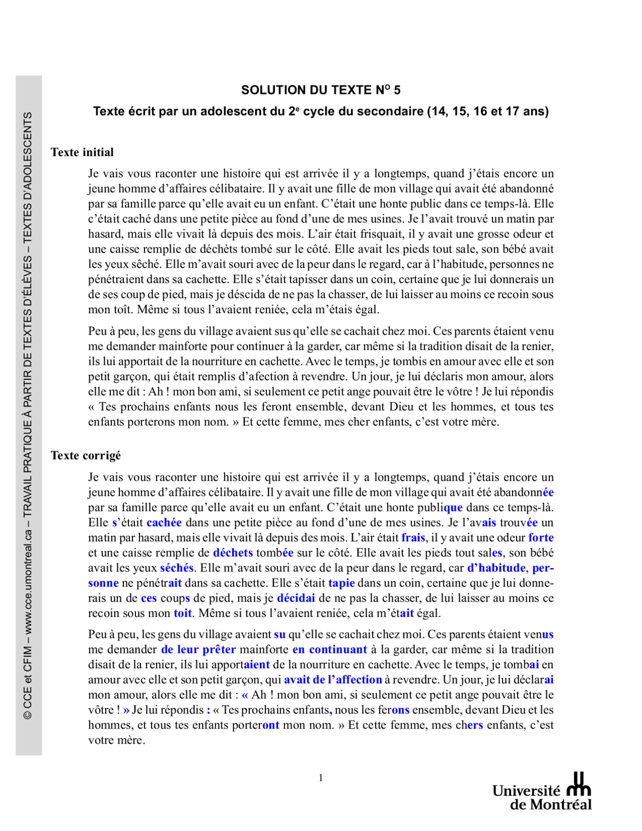 Texte écrit par un adolescent du 2e cycle du secondaire (14, 15, 16 et ...