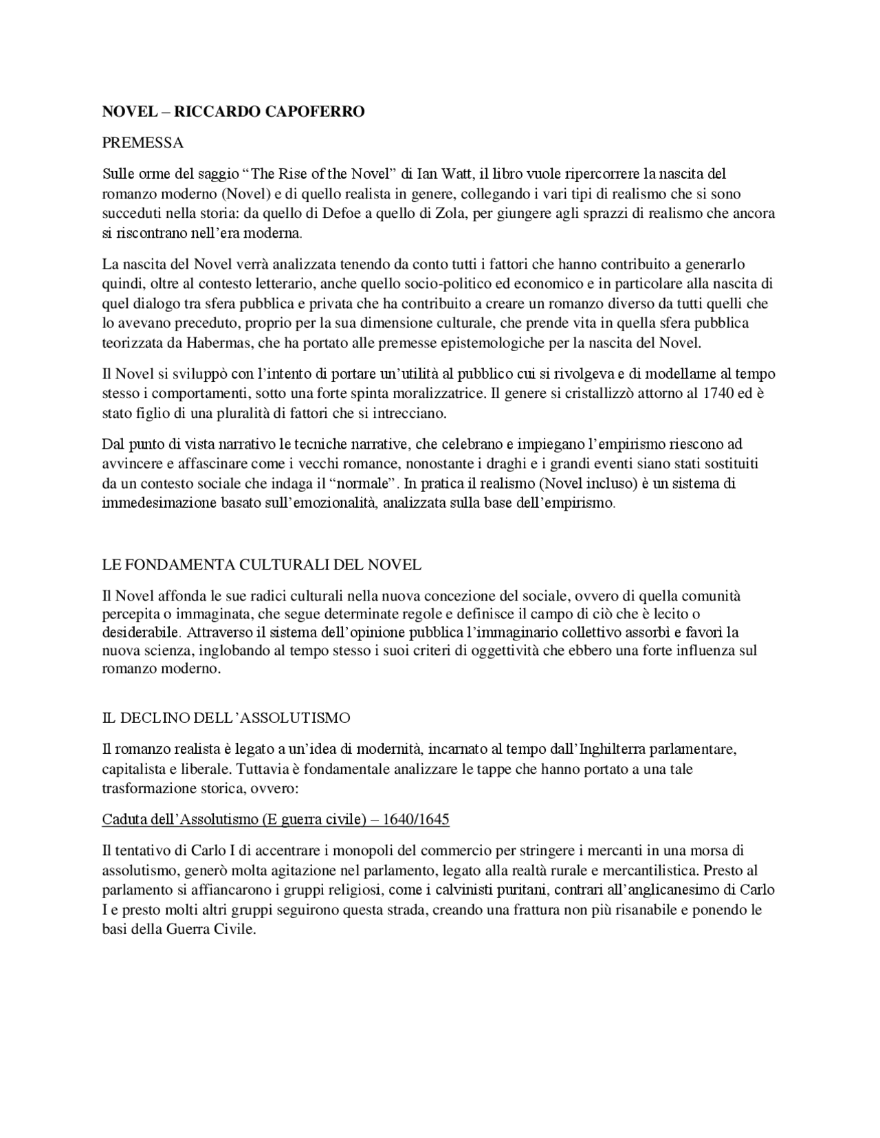 Novel - Capoferro riassunto del libro | Sintesi del corso di ...