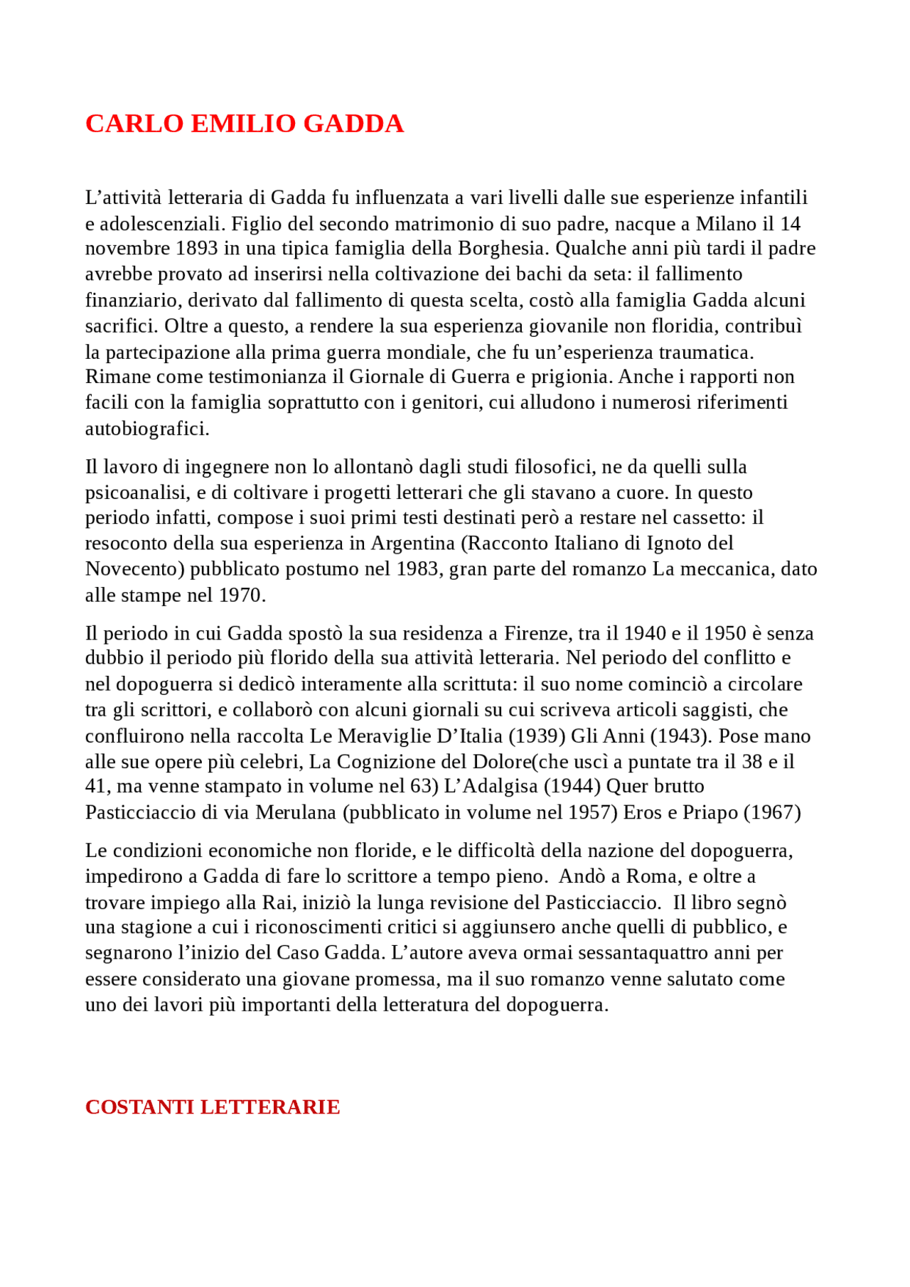 Riassunti Gadda Vita E Spiegazione Opere Docsity