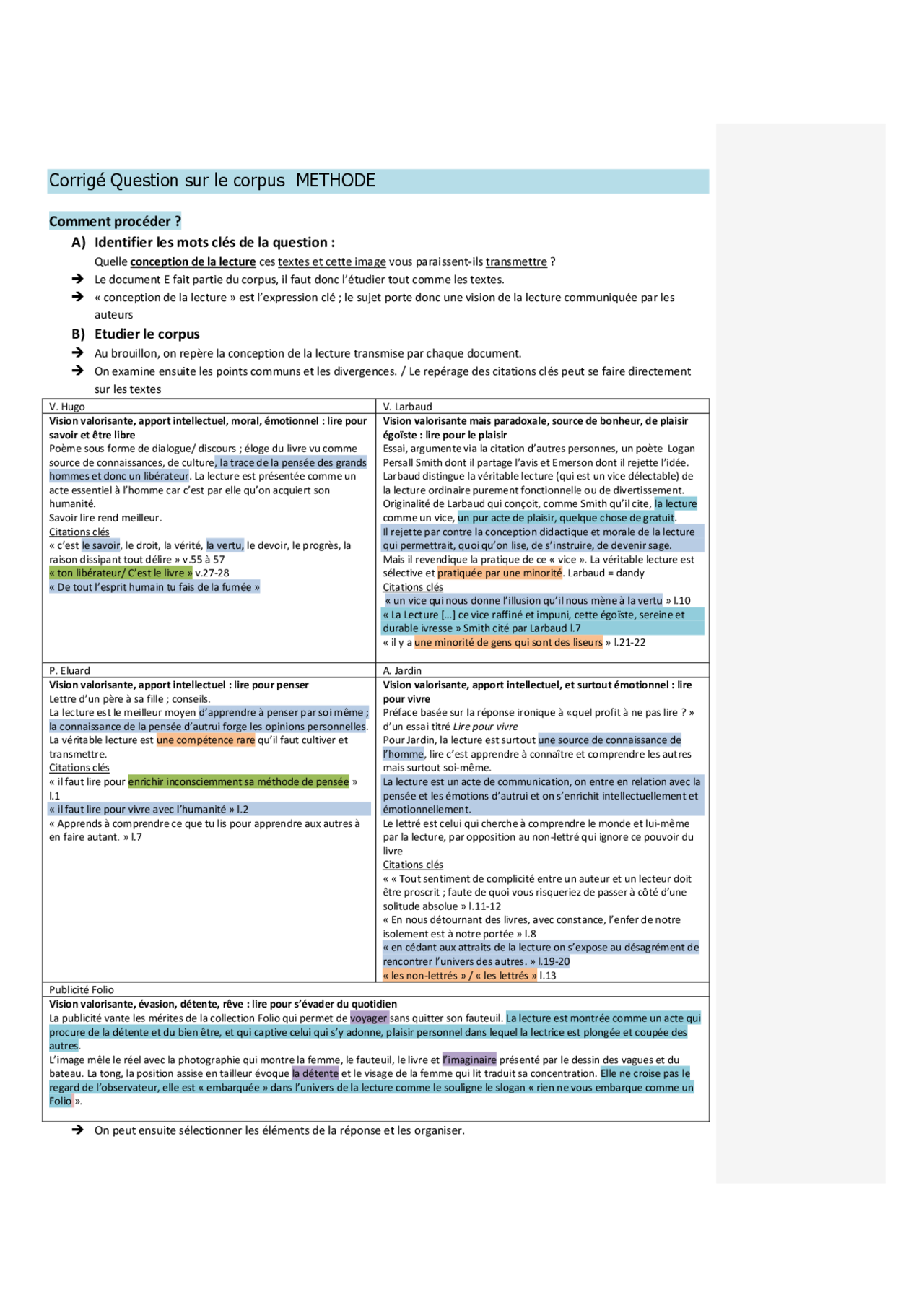 Corrigé Question sur le corpus méthode - Docsity