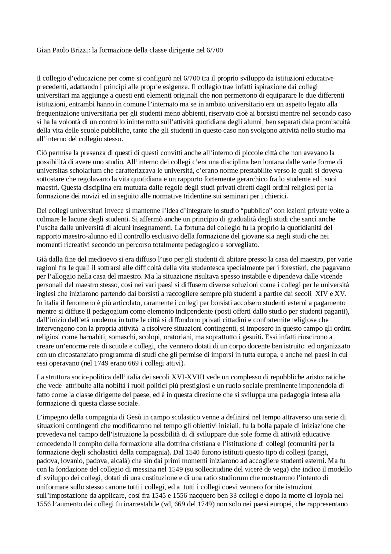 La Formazione Della Classe Dirigente Nel Sei Settecento Docsity