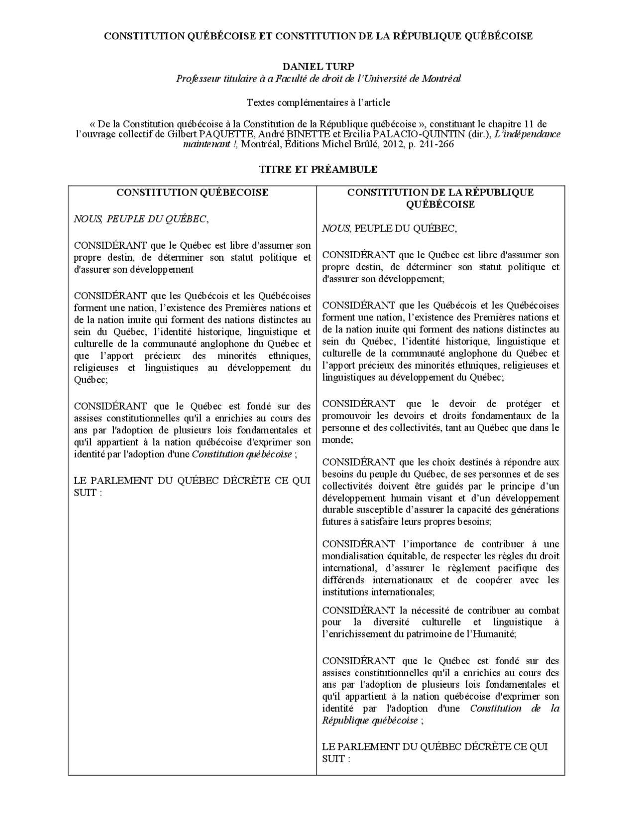 Constitution Québécoise Et Constitution De La République Québécoise