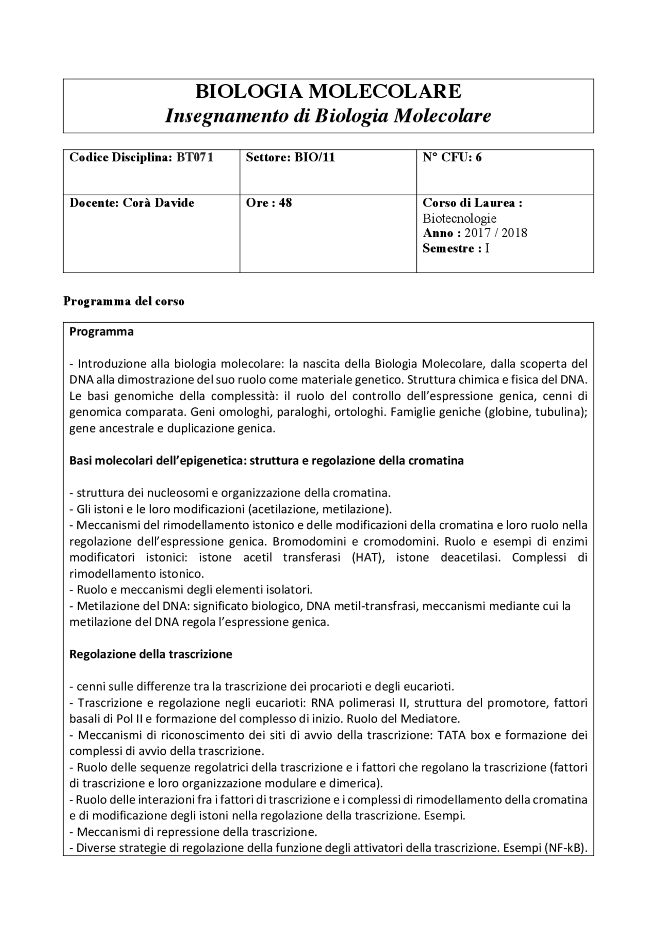 Biologia Molecolare Corso Di Laurea Biotecnologie Docsity