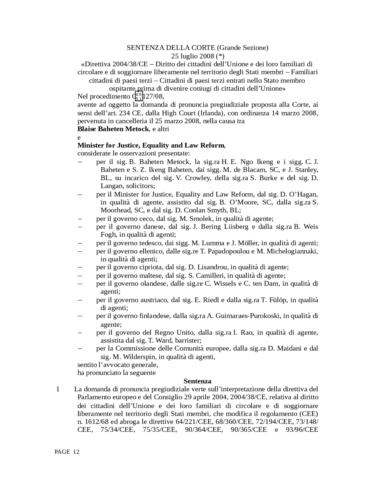 Corte Di Giustizia 2008 Metock Docsity