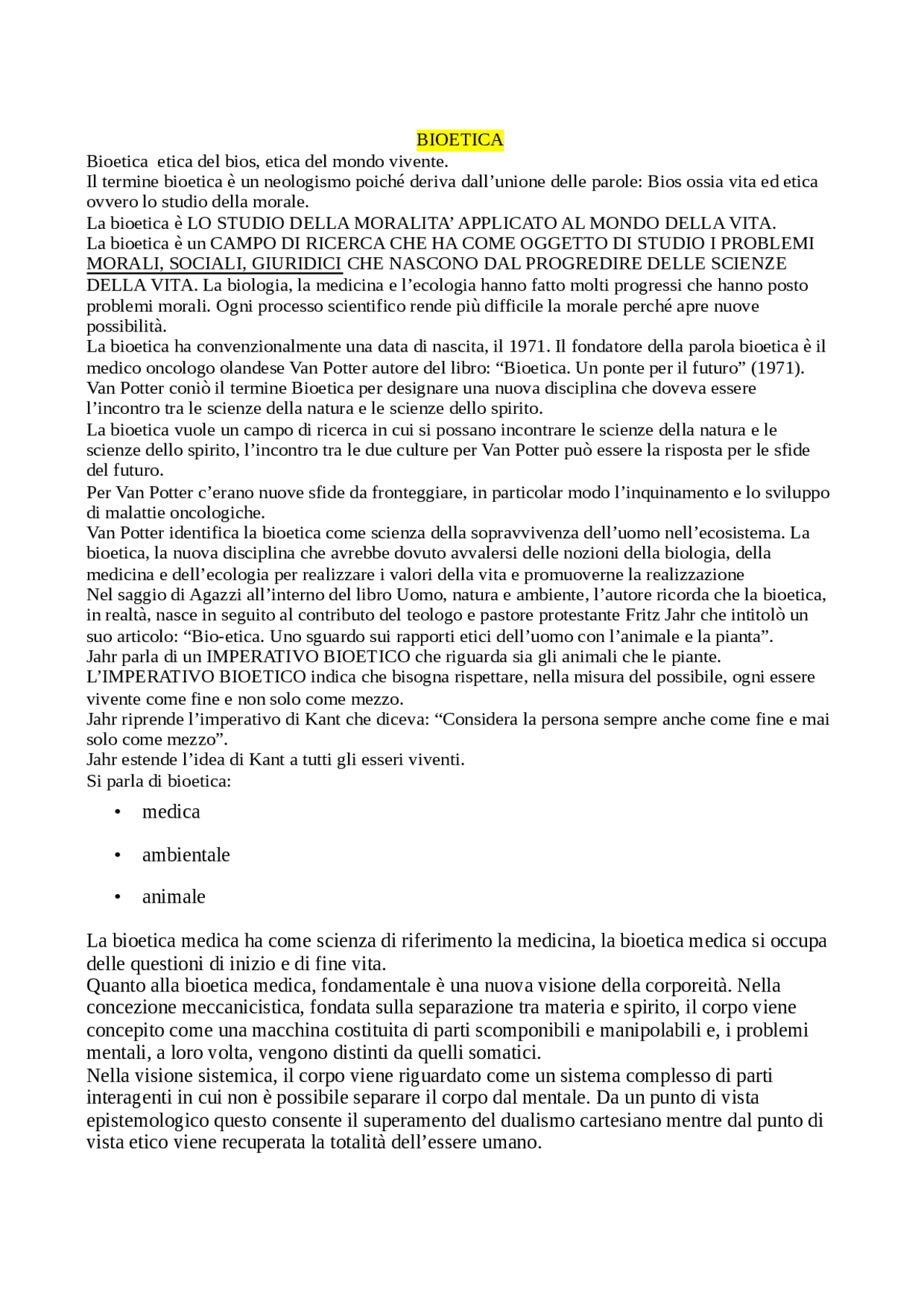 Appunti Per Lesame Di Bioetica Docsity