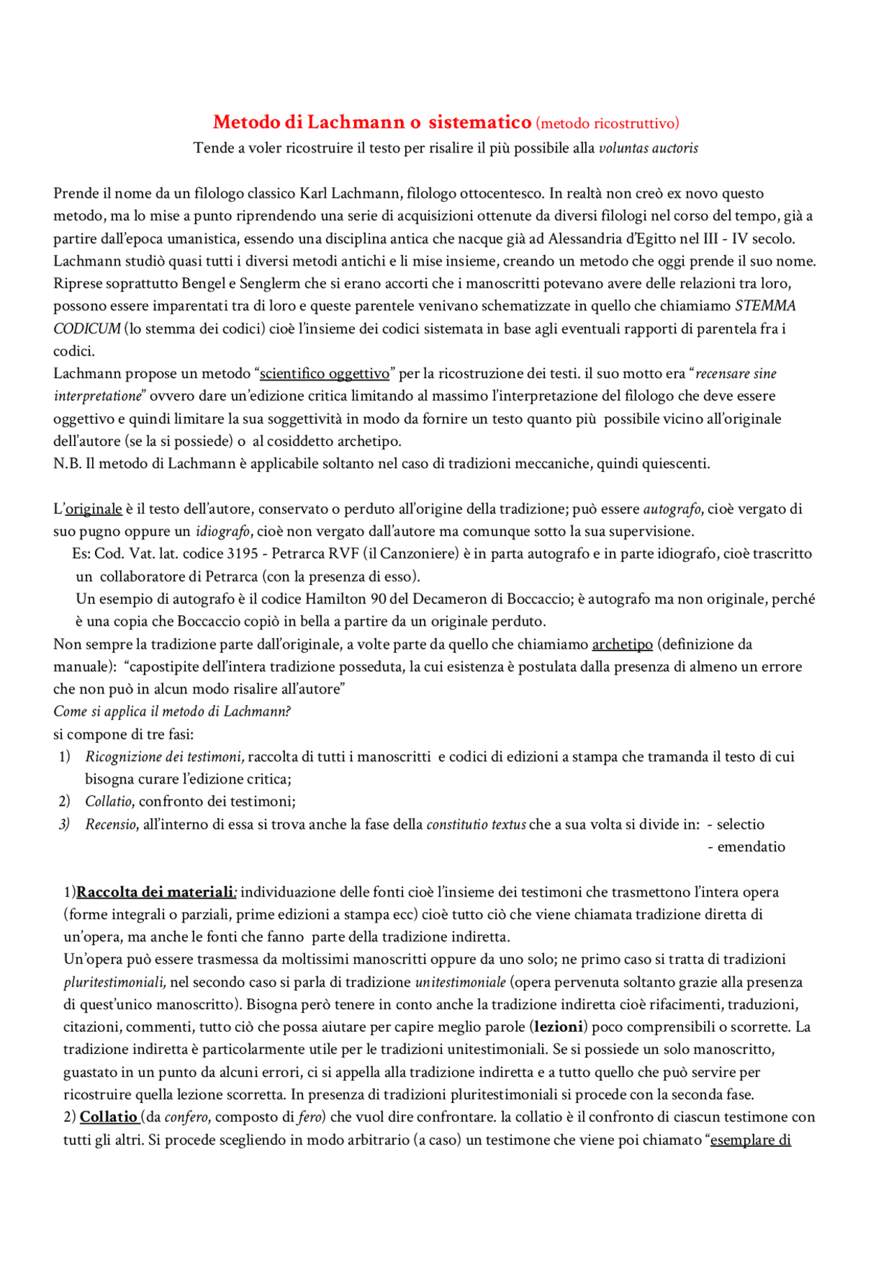 Critica Testuale - Metodo di Lachmann - Docsity