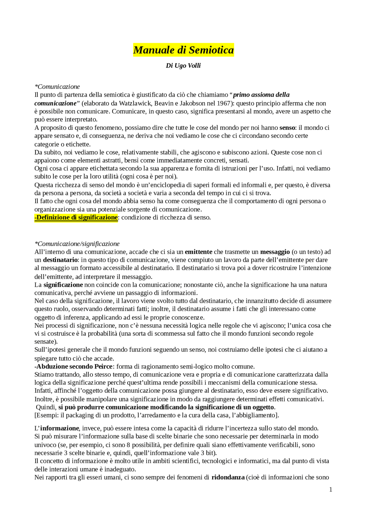 Riassunto Manuale Volli Semiotica Prima Parte Toniolo Docsity