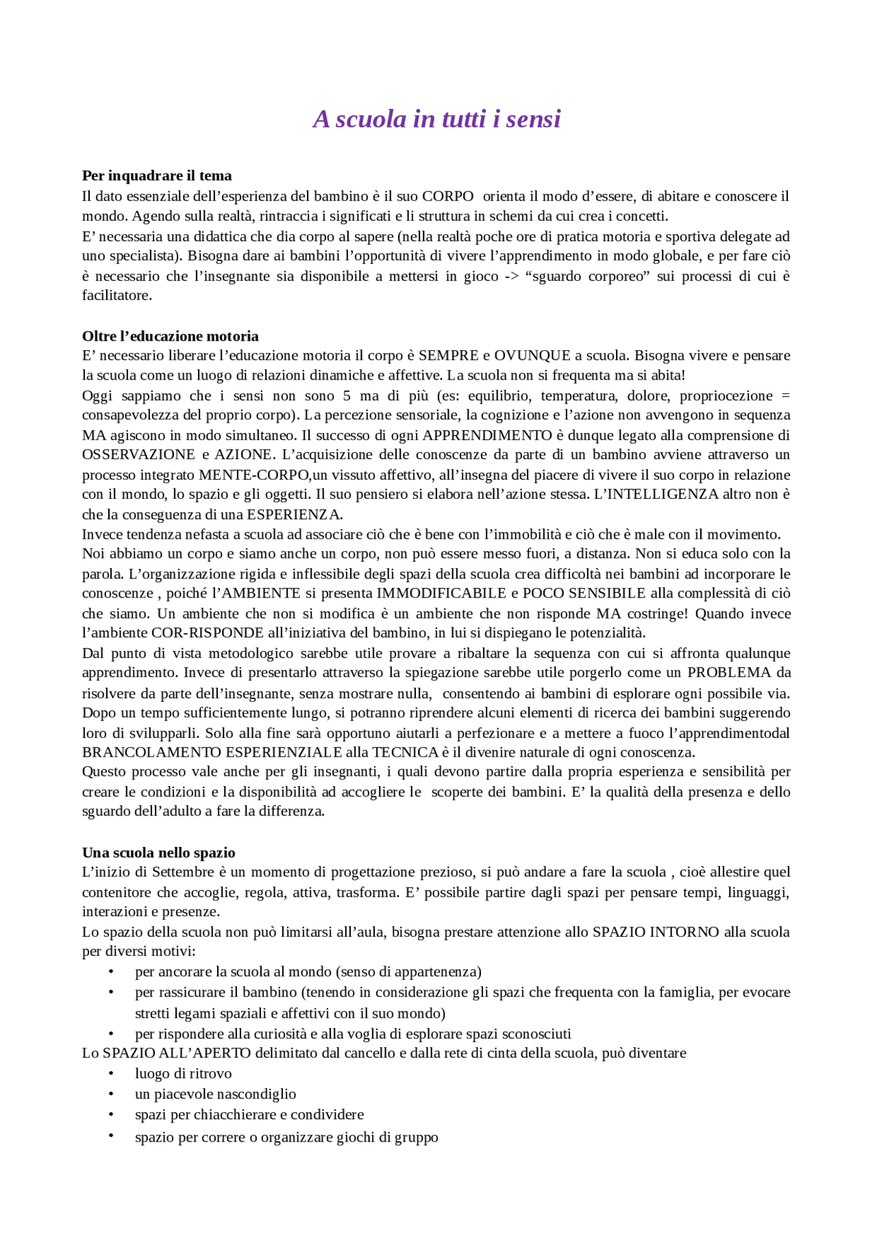 Riassunto A Scuola In Tutti I Sensi Docsity