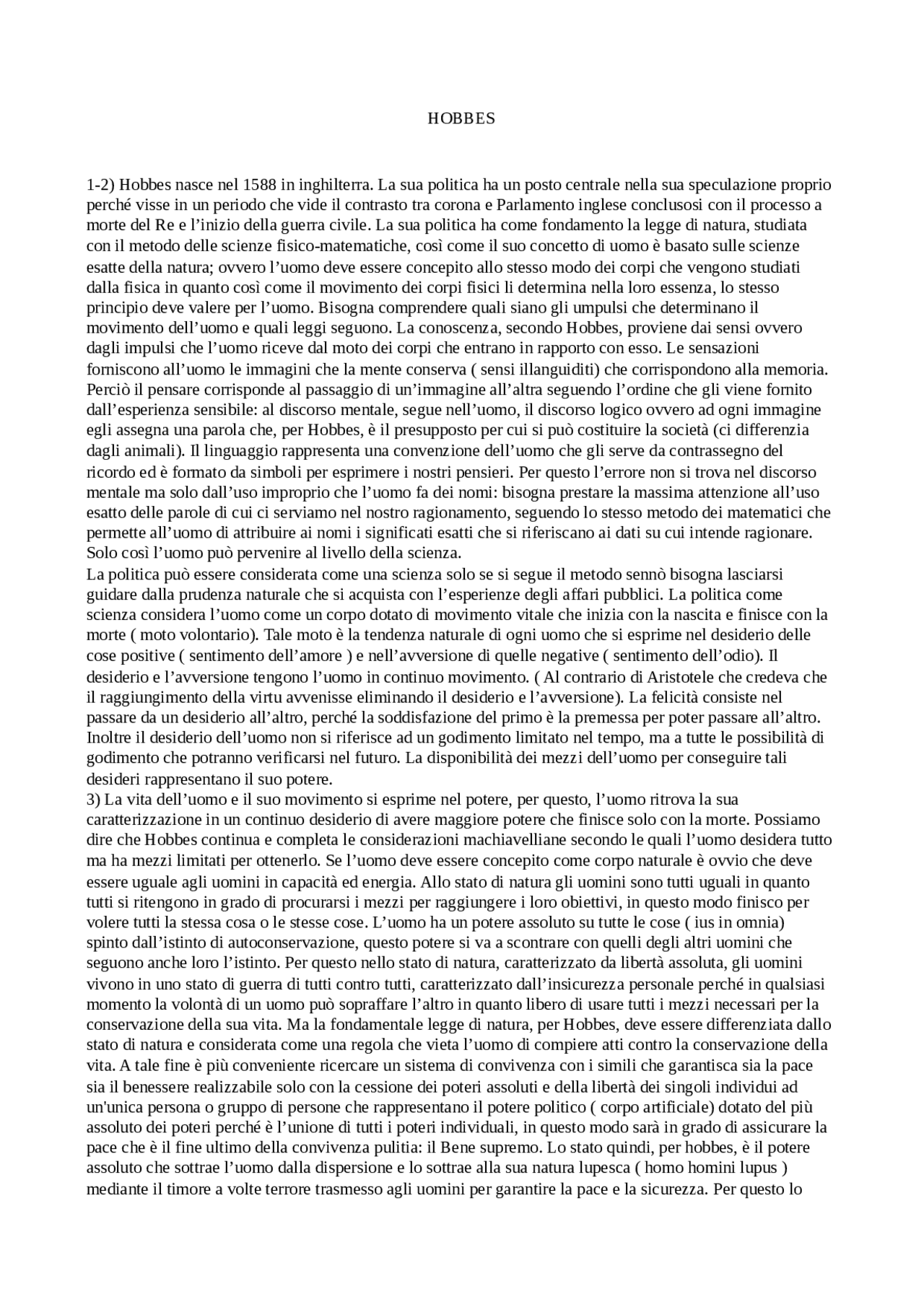 Riassunto Su Thomas Hobbes Docsity
