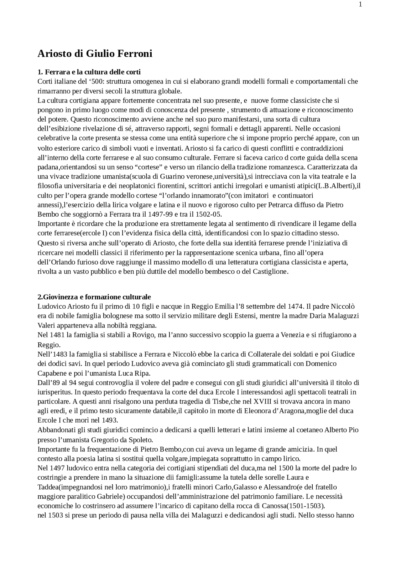 Ariosto Di Giulio Ferroni Riassunto Docsity